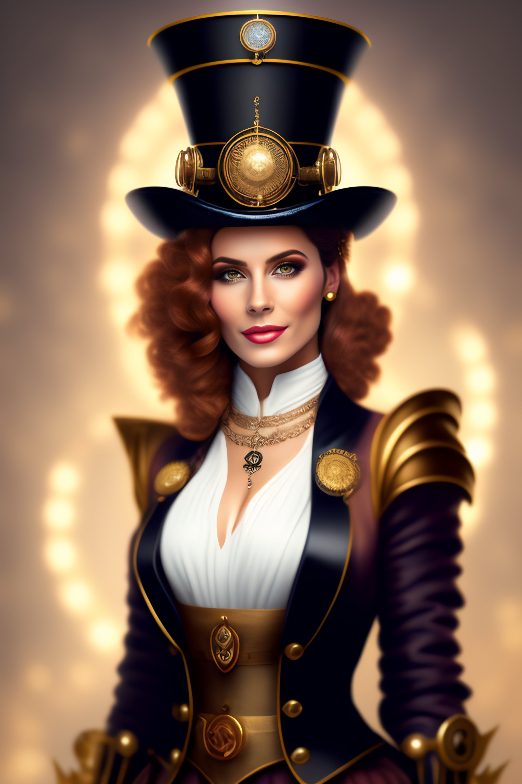 Lexica - A woman wearing clockwork steampunk outfit and tophat, gears ...