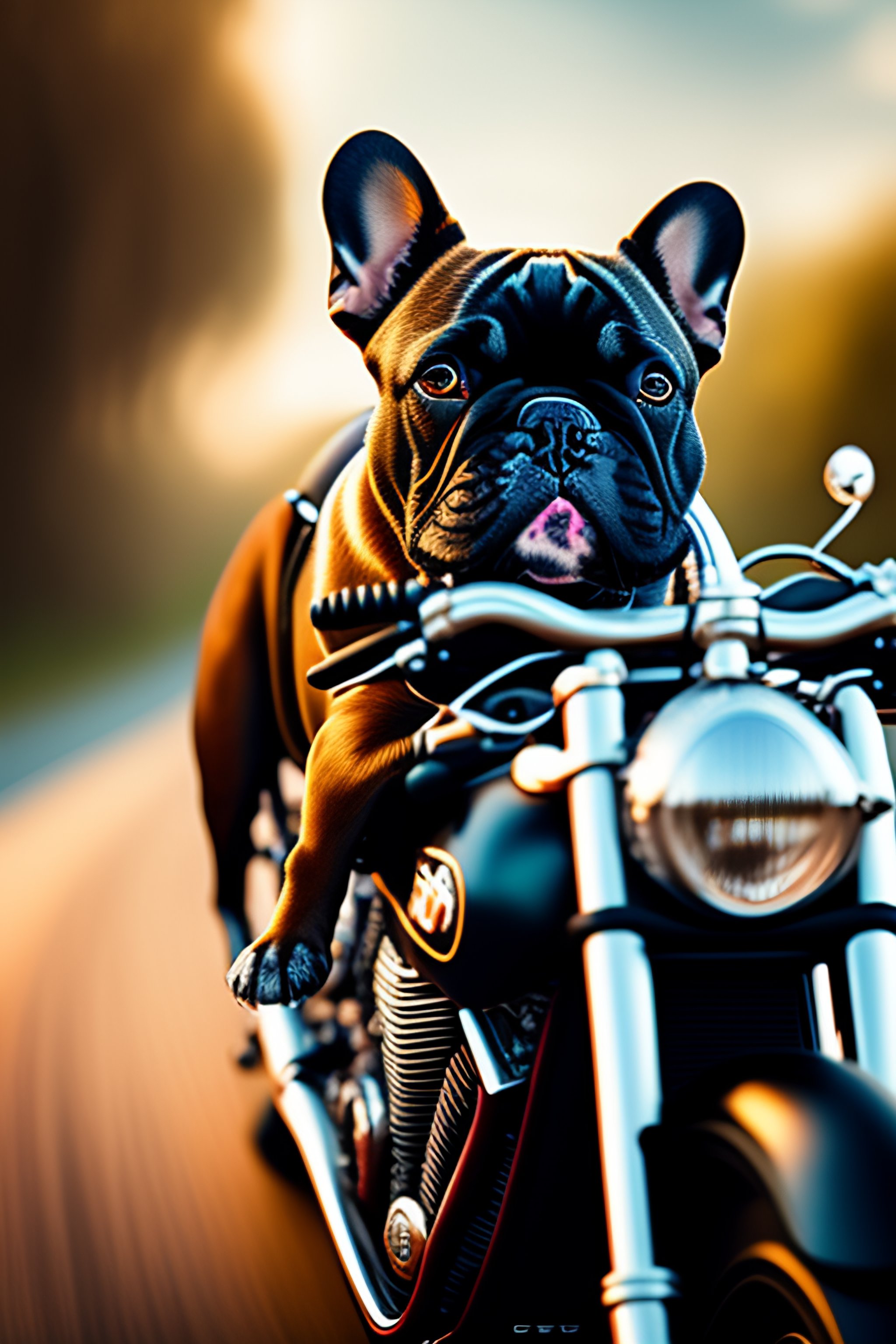 Lexica - A french bulldog riding a motorbike
