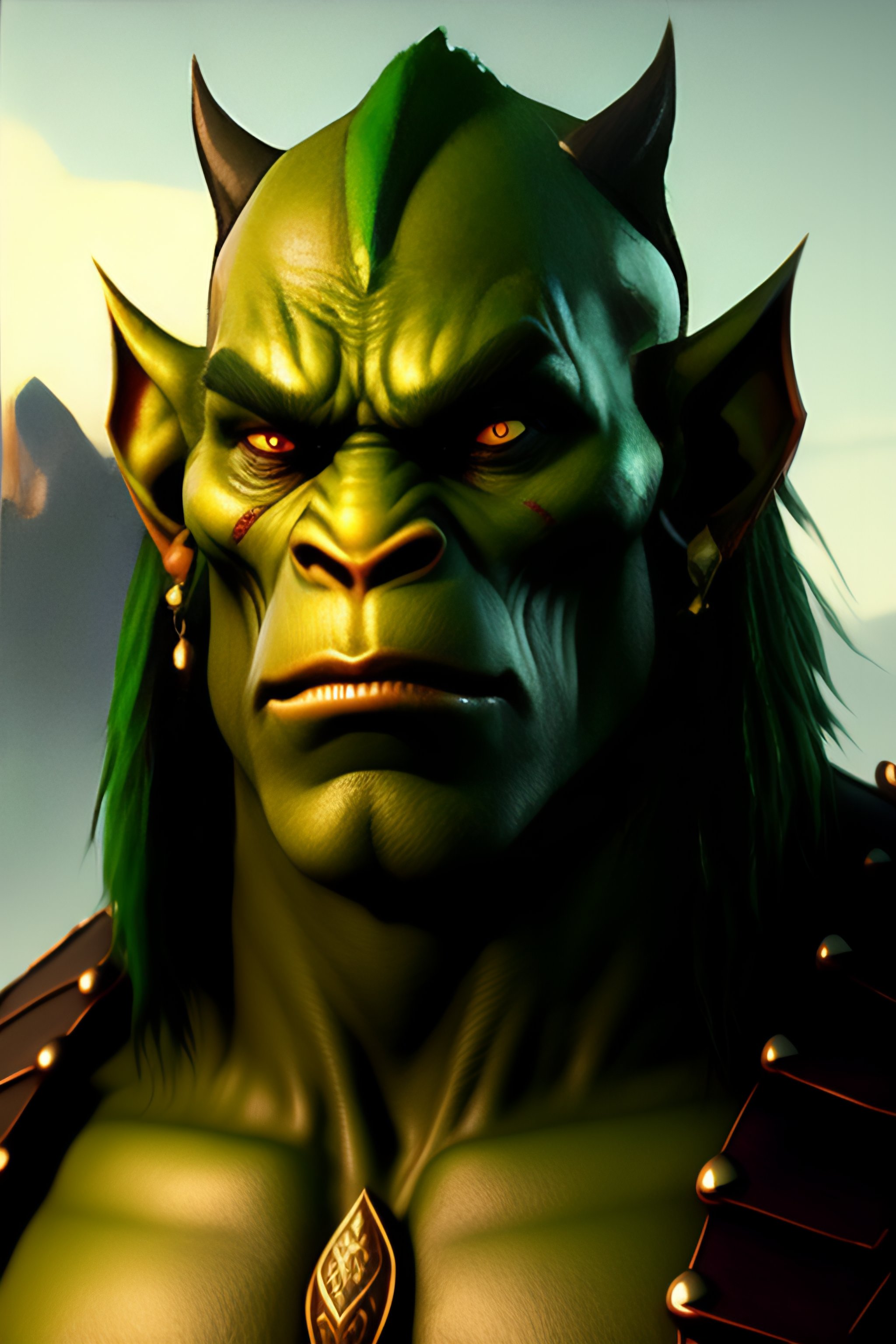 Lexica - A well-drawn friendly kind dark-green orc