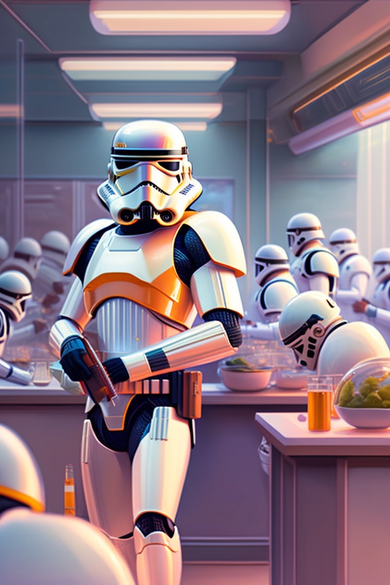 Lexica - "crowded stormtrooper break room" by syd mead, cold color palette, muted colors ...