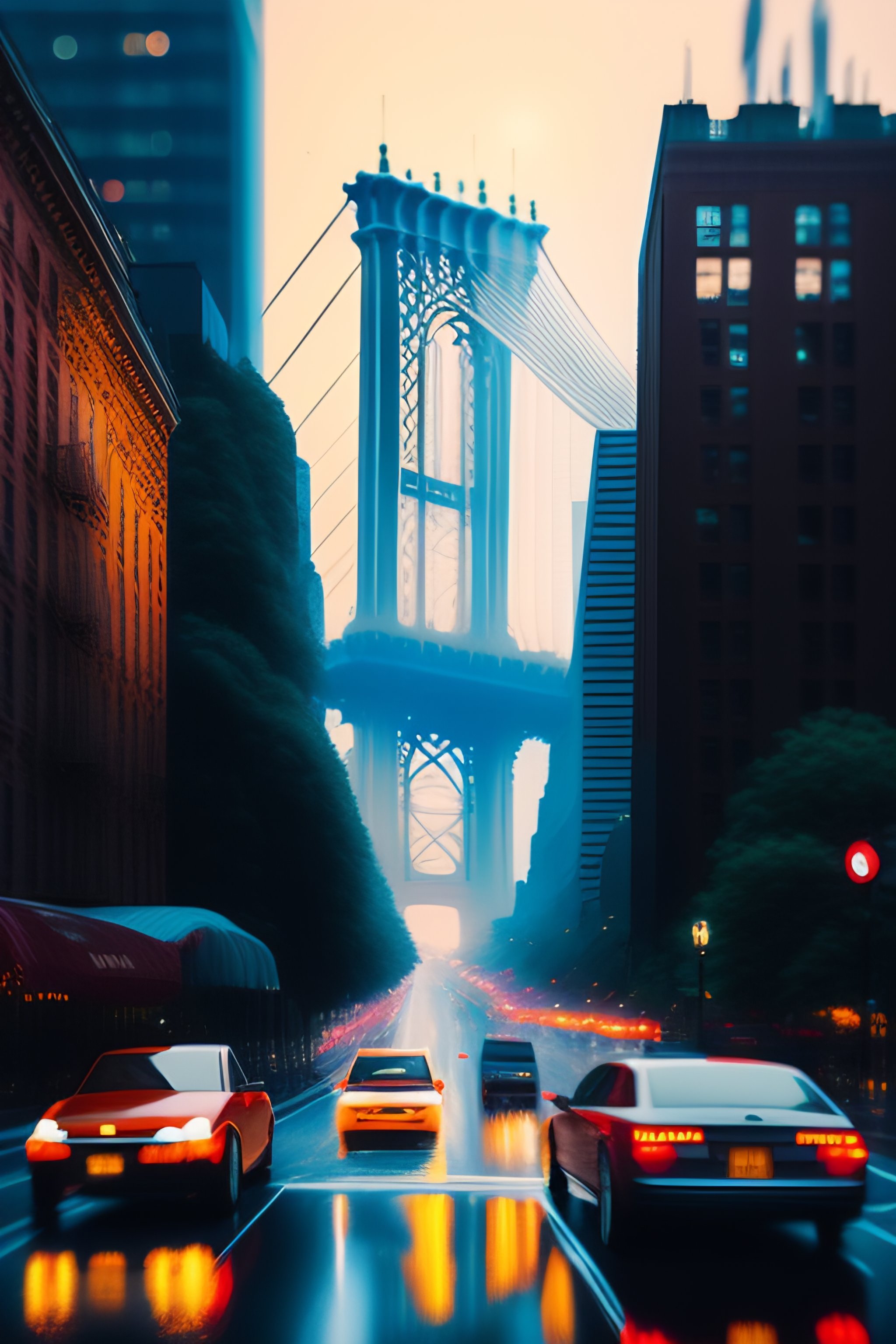 Lexica - New York art style overview summer rain