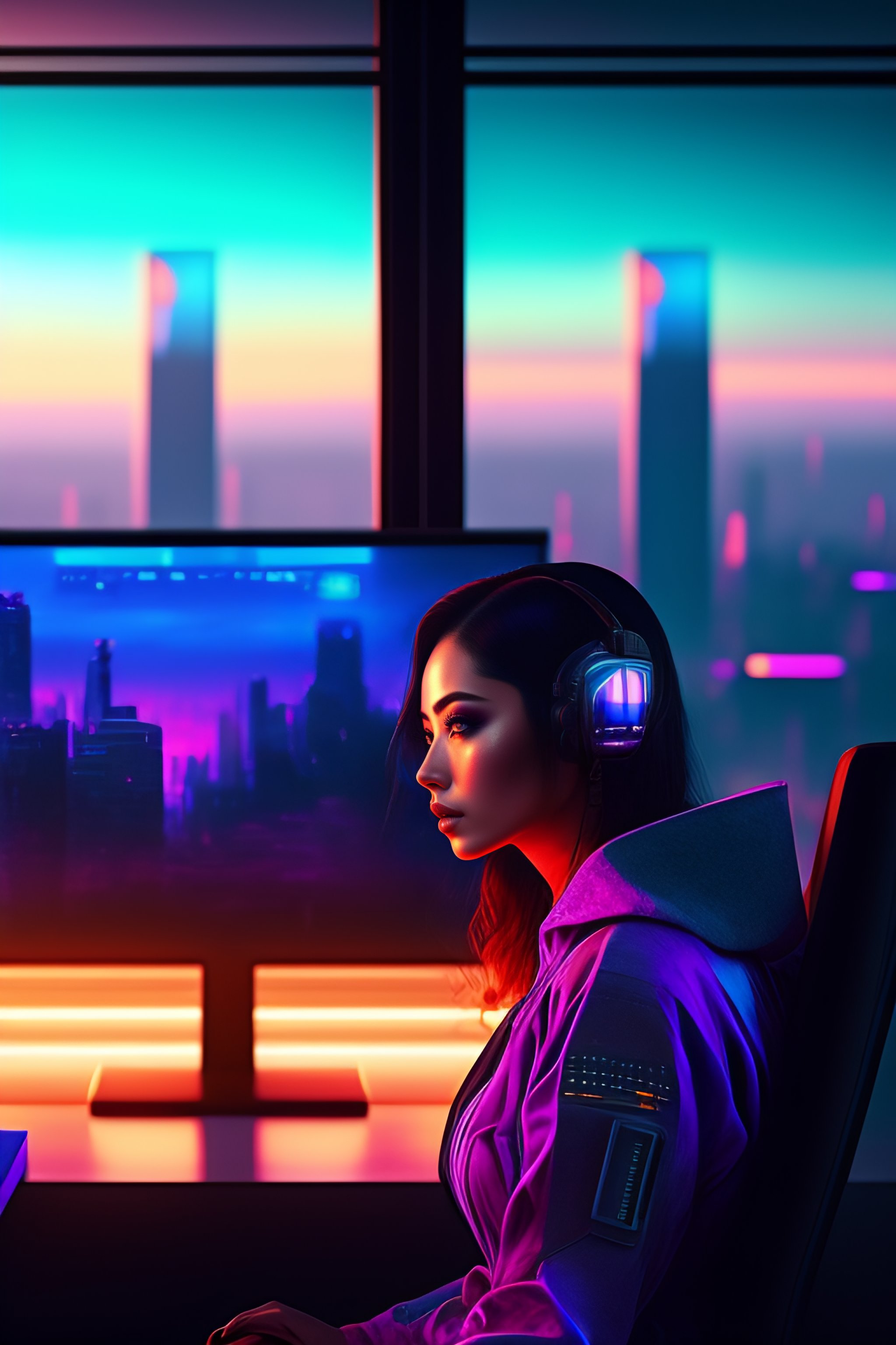 Lexica - A Wide-angle Portrait Of A Female Cyborg Ai Assistant Sitting 