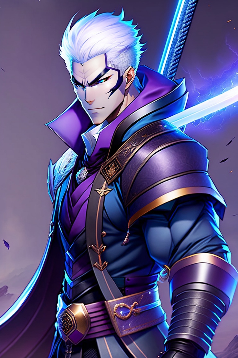 Lexica - A white-haired swordsman with bright blue eyes, wearing a ...