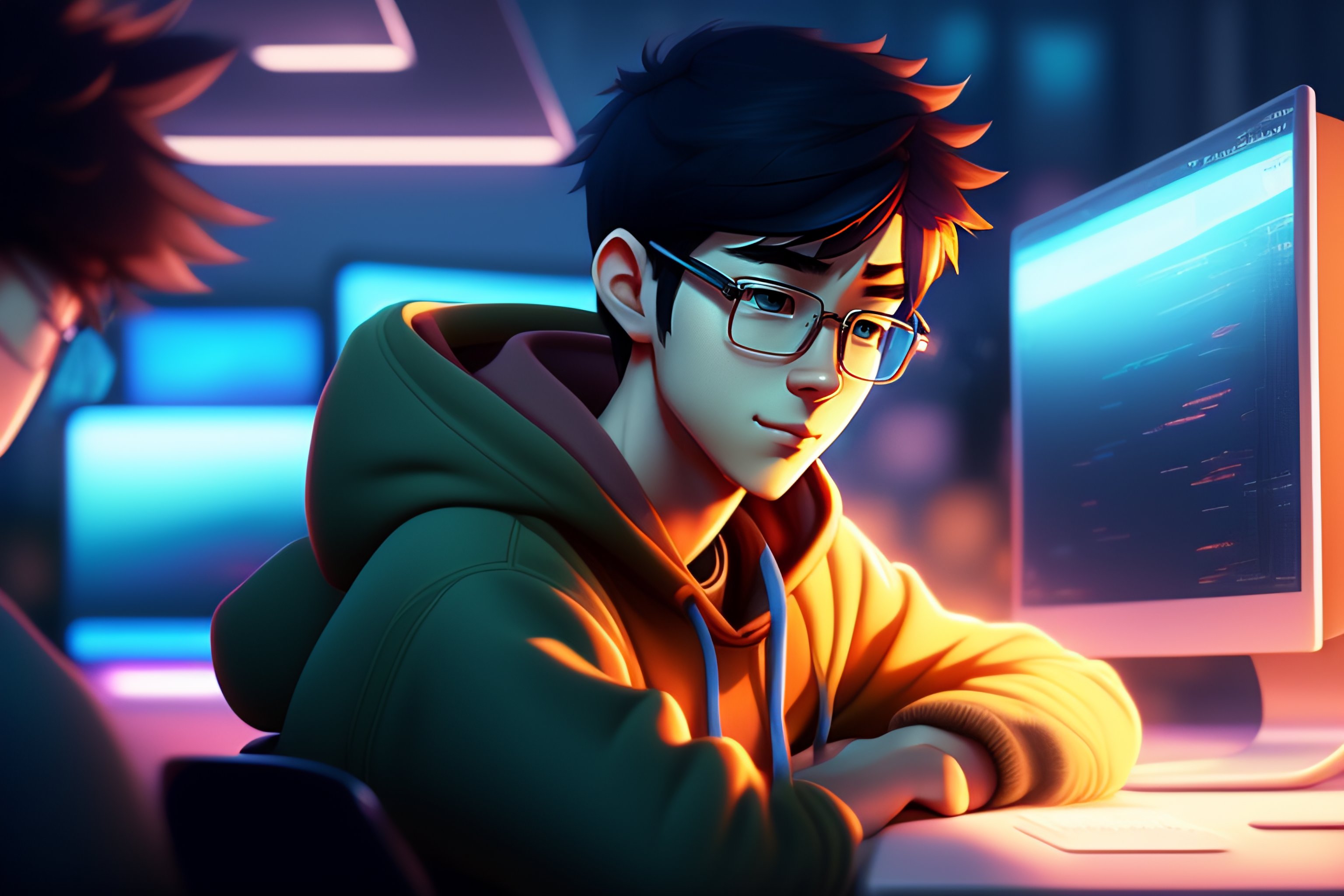 Lexica - A nerdy boy ith 22 years old in a hoodie is programming at a ...