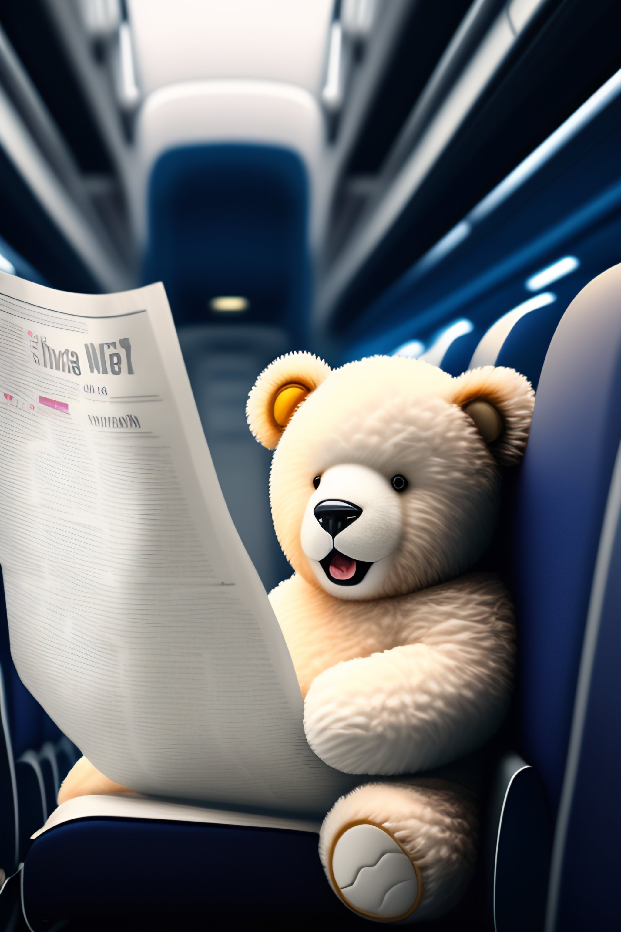 Lexica - Angry white teddy bear reading newspaper on the plane