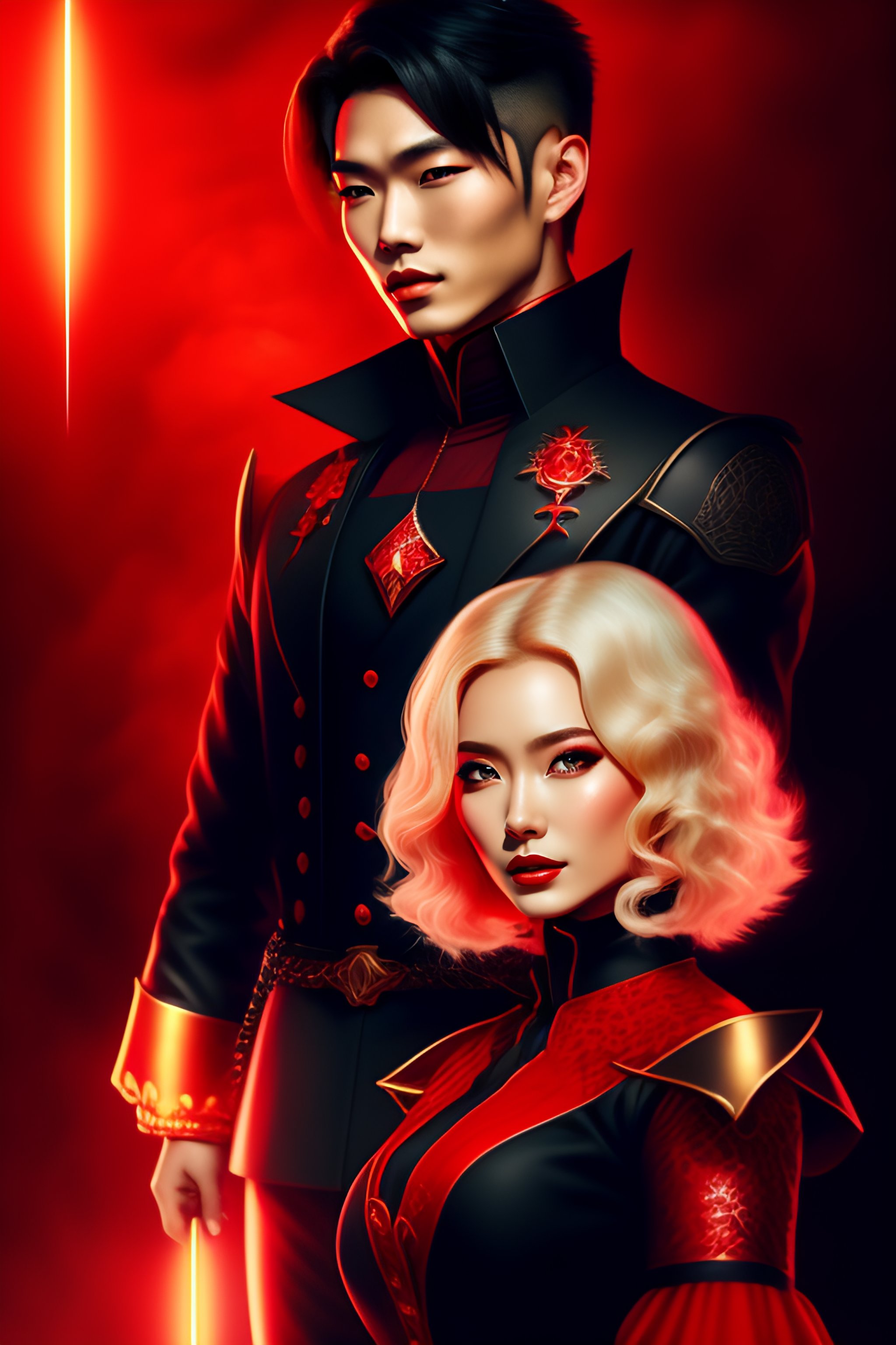 Lexica - Short blonde hair woman in red dress and handsome Japanese ...