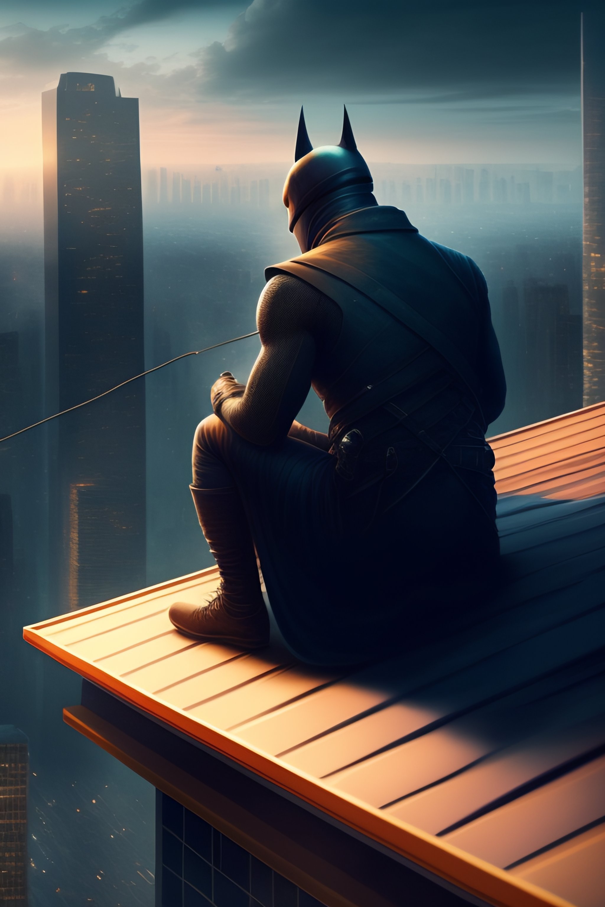 Lexica - Batman sitting on a roof looking down at a city below ...