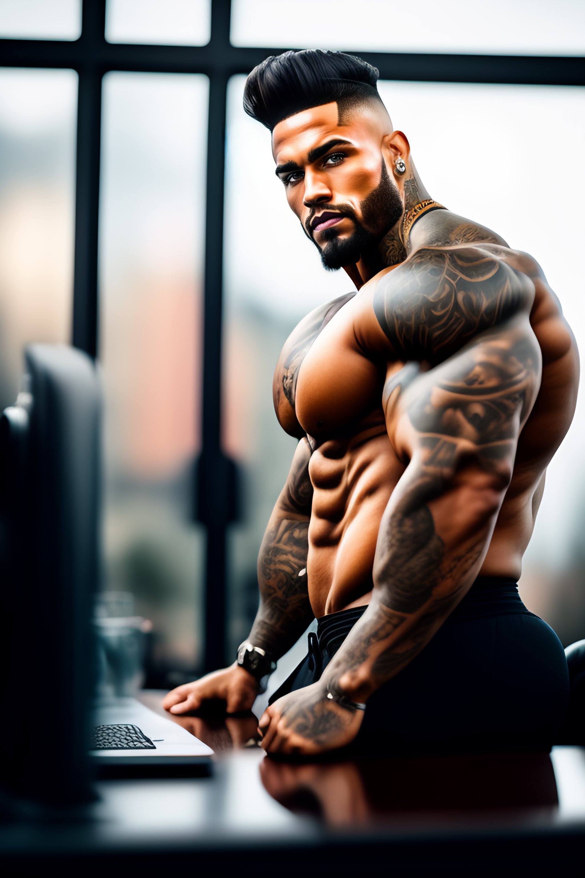 Lexica - Tattooed bodybuilder sitting behind a desk serm from behind