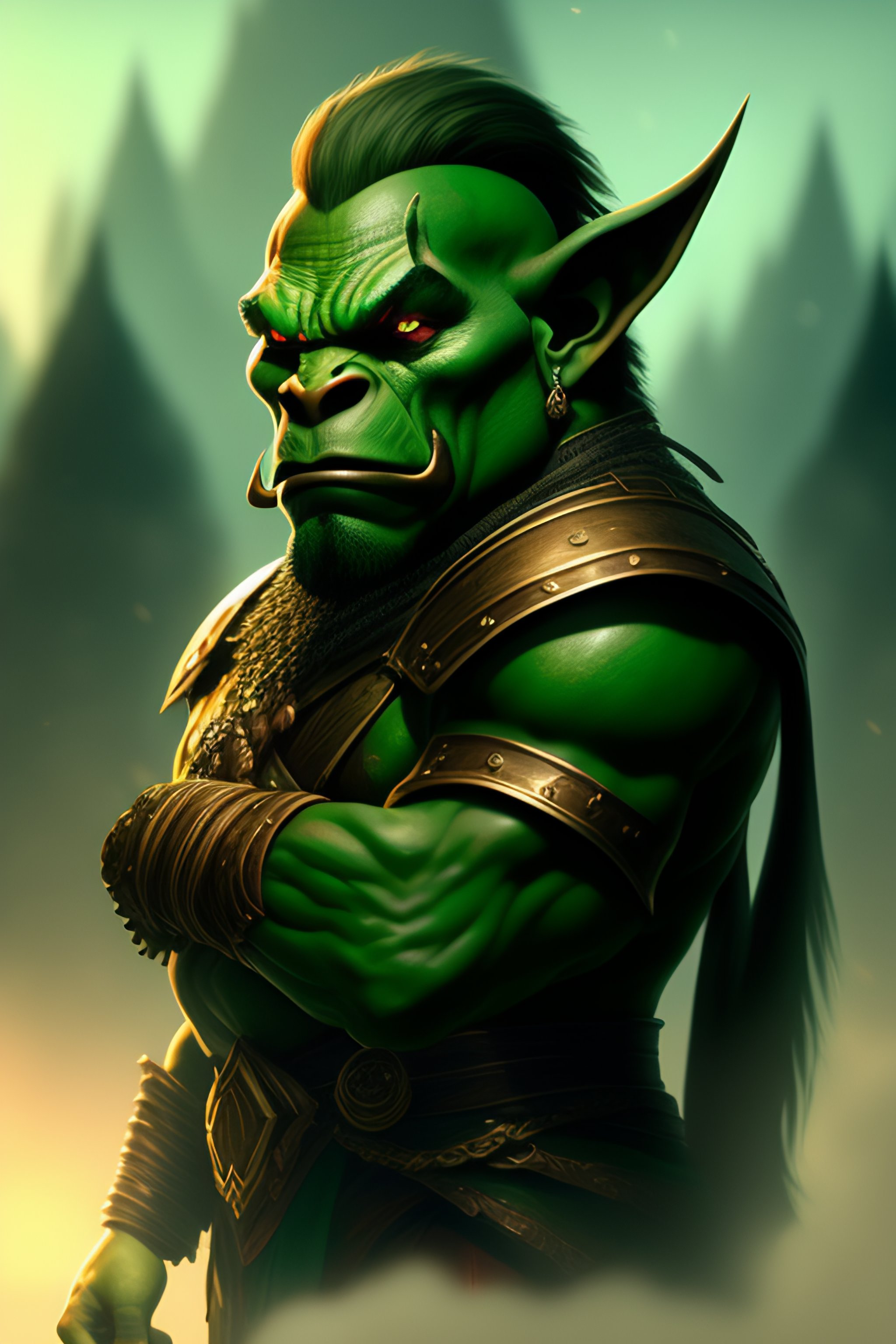 Lexica - A well-drawn friendly kind dark-green orc