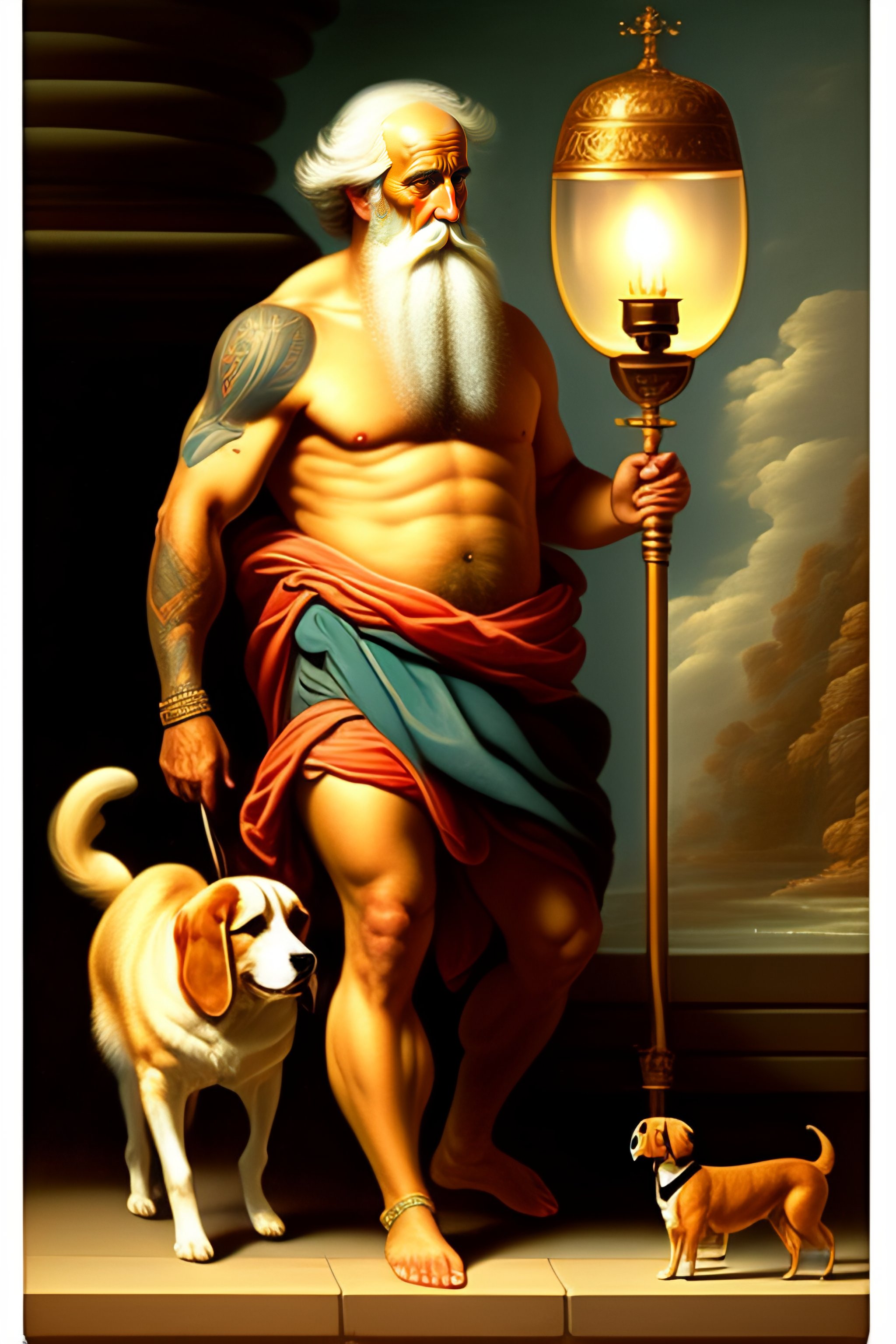Lexica - Tattoo style of Diogenes of Sinope carrying a lamp with a dog