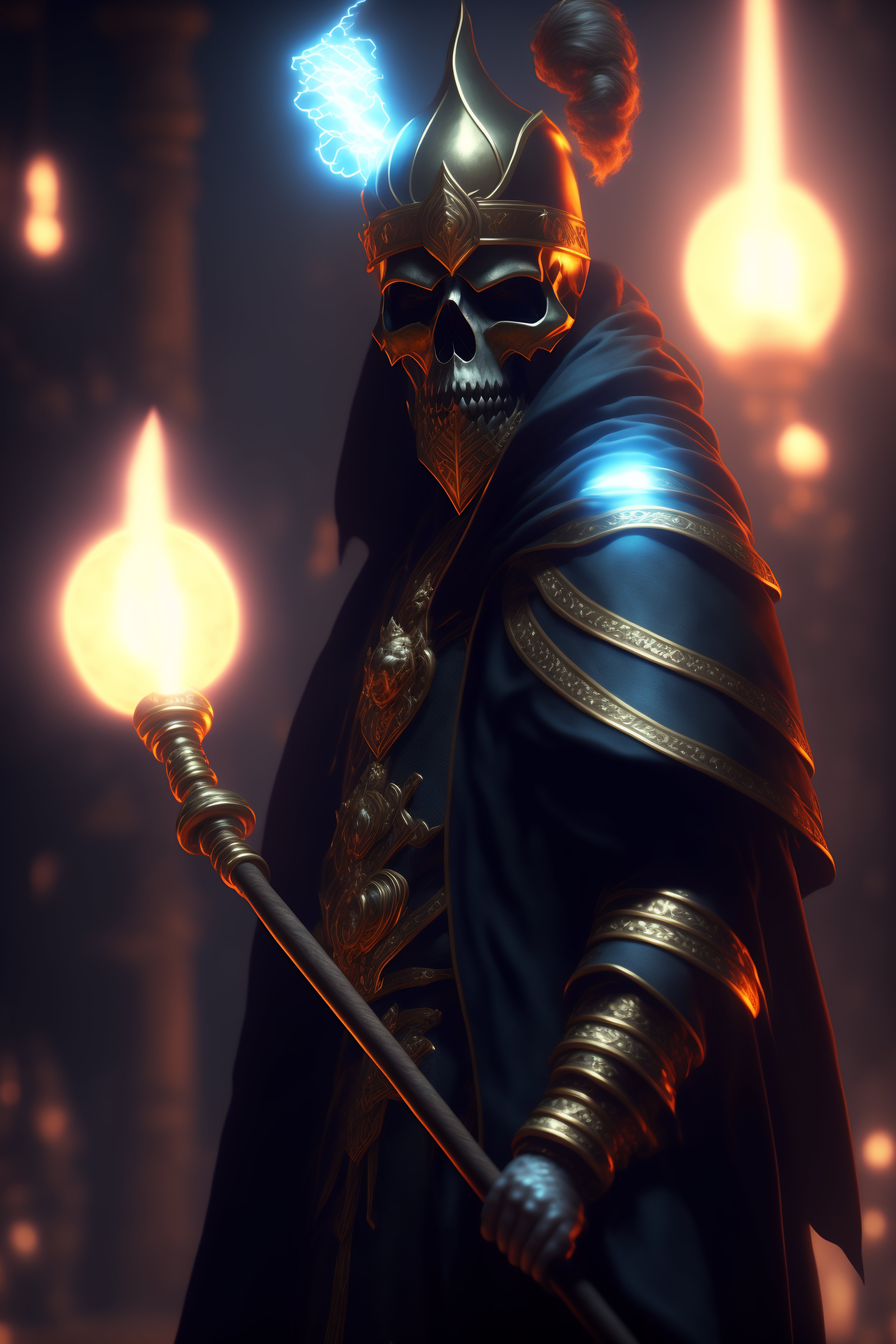 Lexica - Wizard with a skull mask holding a staff with electricity ...