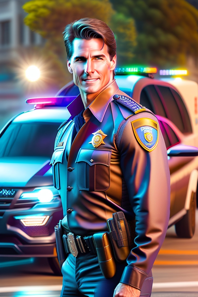 Lexica - Tom cruise in a police costume, standing in front of police car.