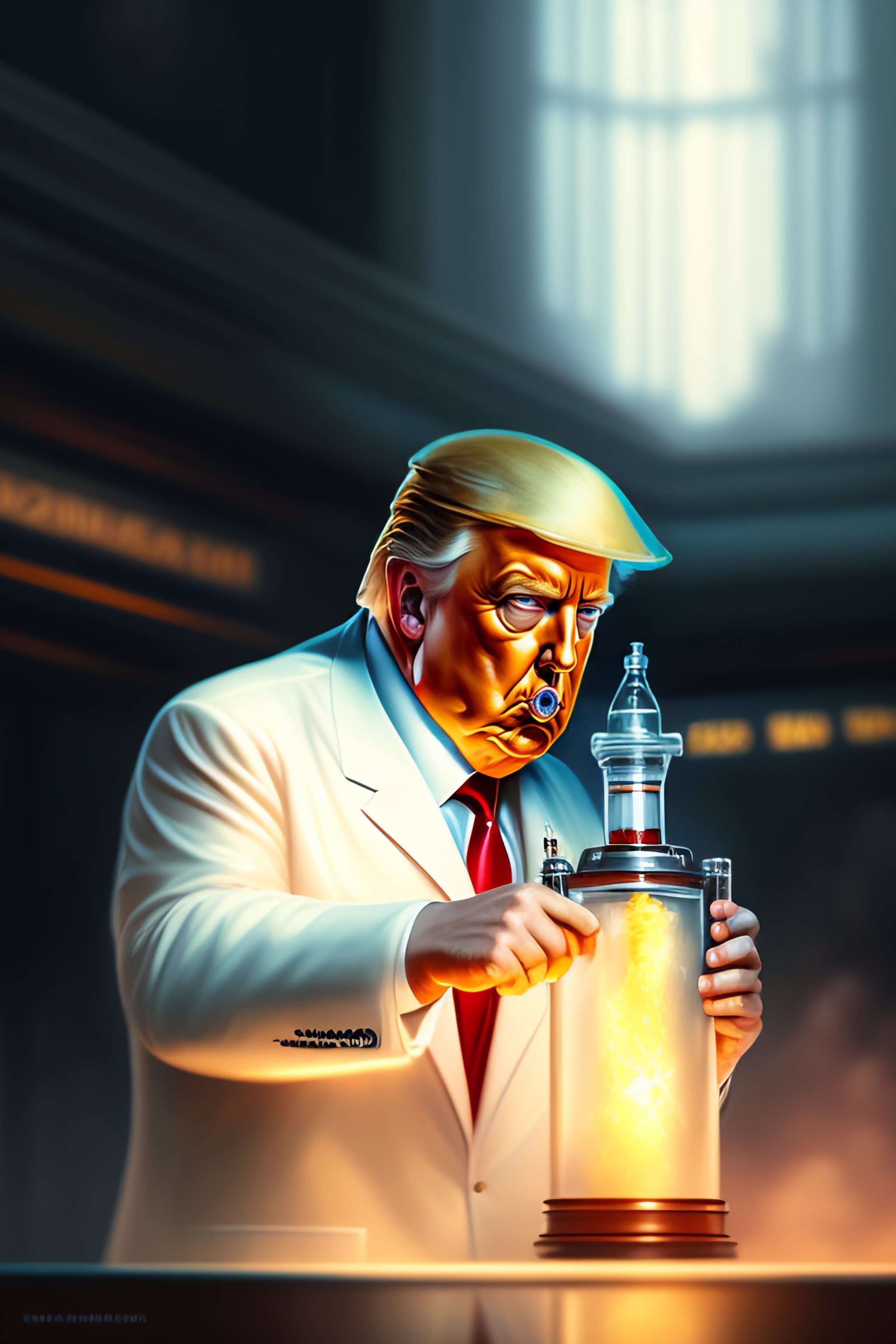 Lexica - Donald Trump holds a ehrlenmeyer flask at eye level, wearing a ...