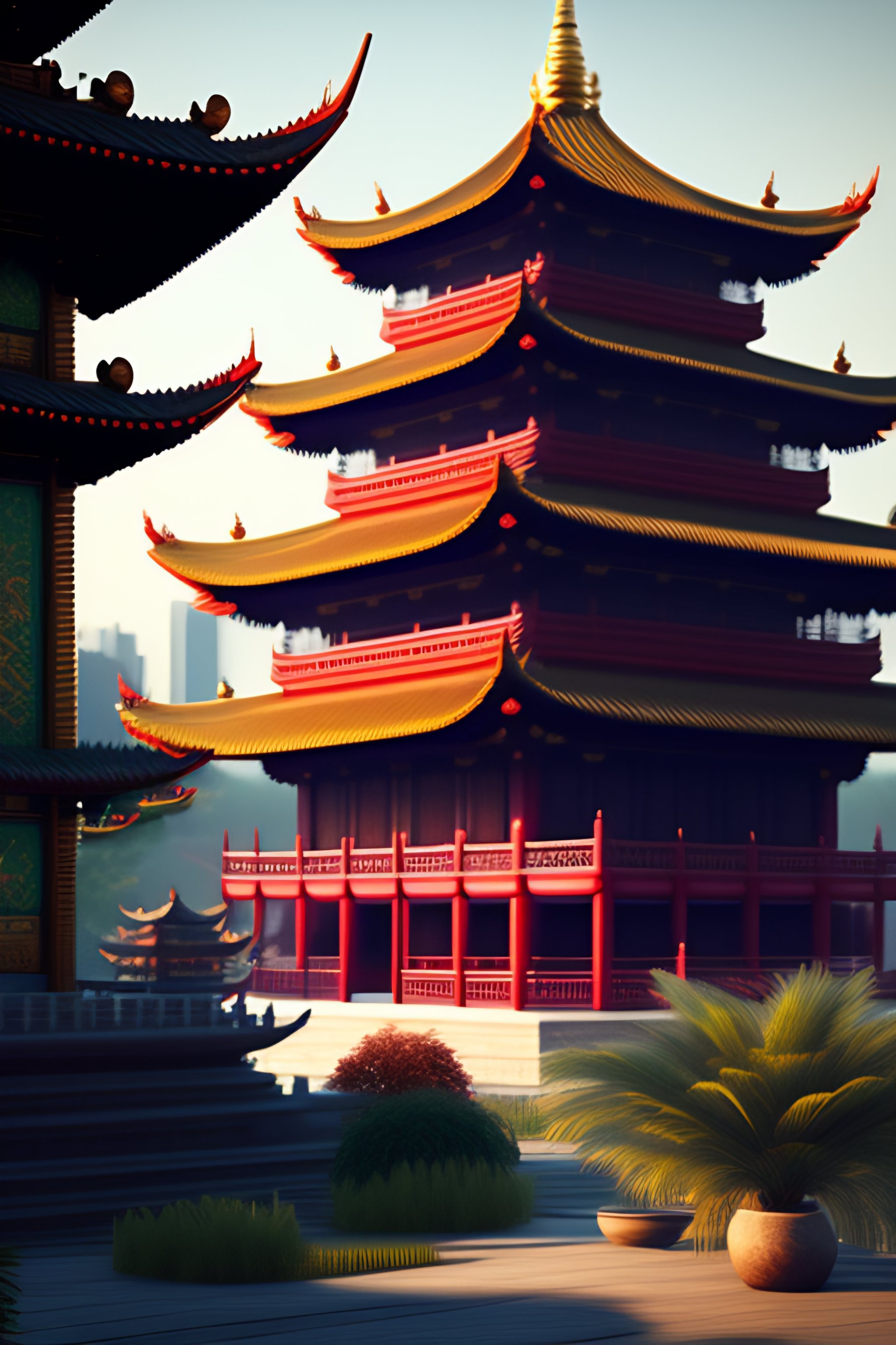 Lexica - Chinese style temple in front of cyberpunk pagoda, hyper ...