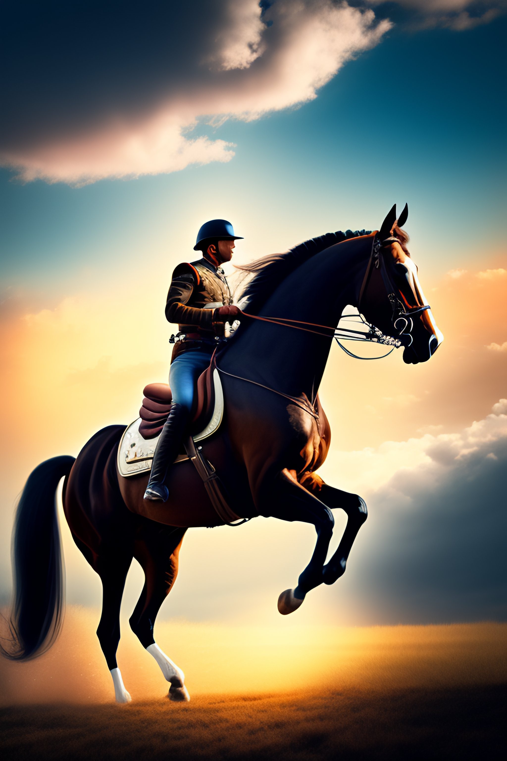 Lexica - Man riding a flying horse entring a big white door in the sky