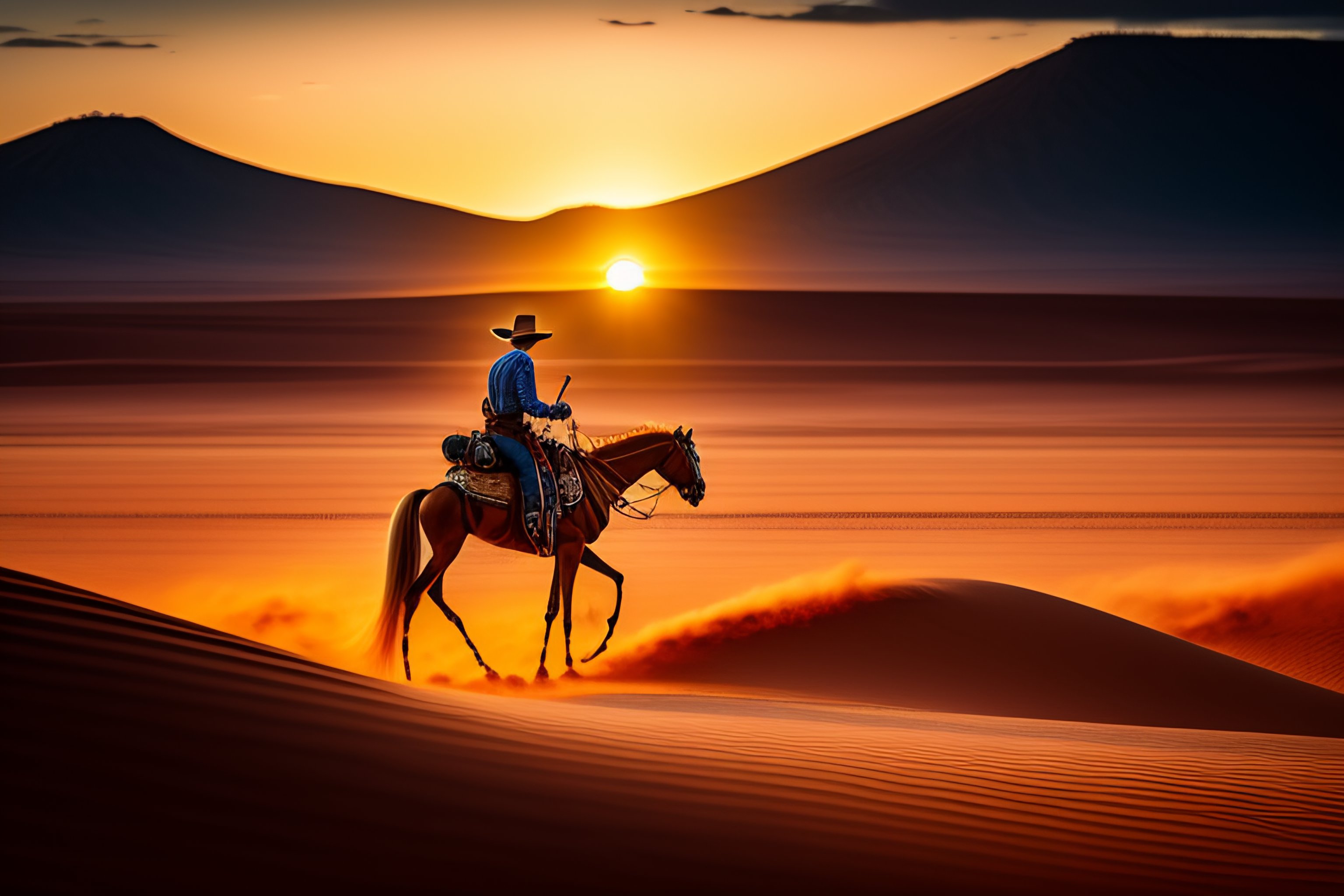 Lexica - Cowboys riding giant spiders across the desert during sunset