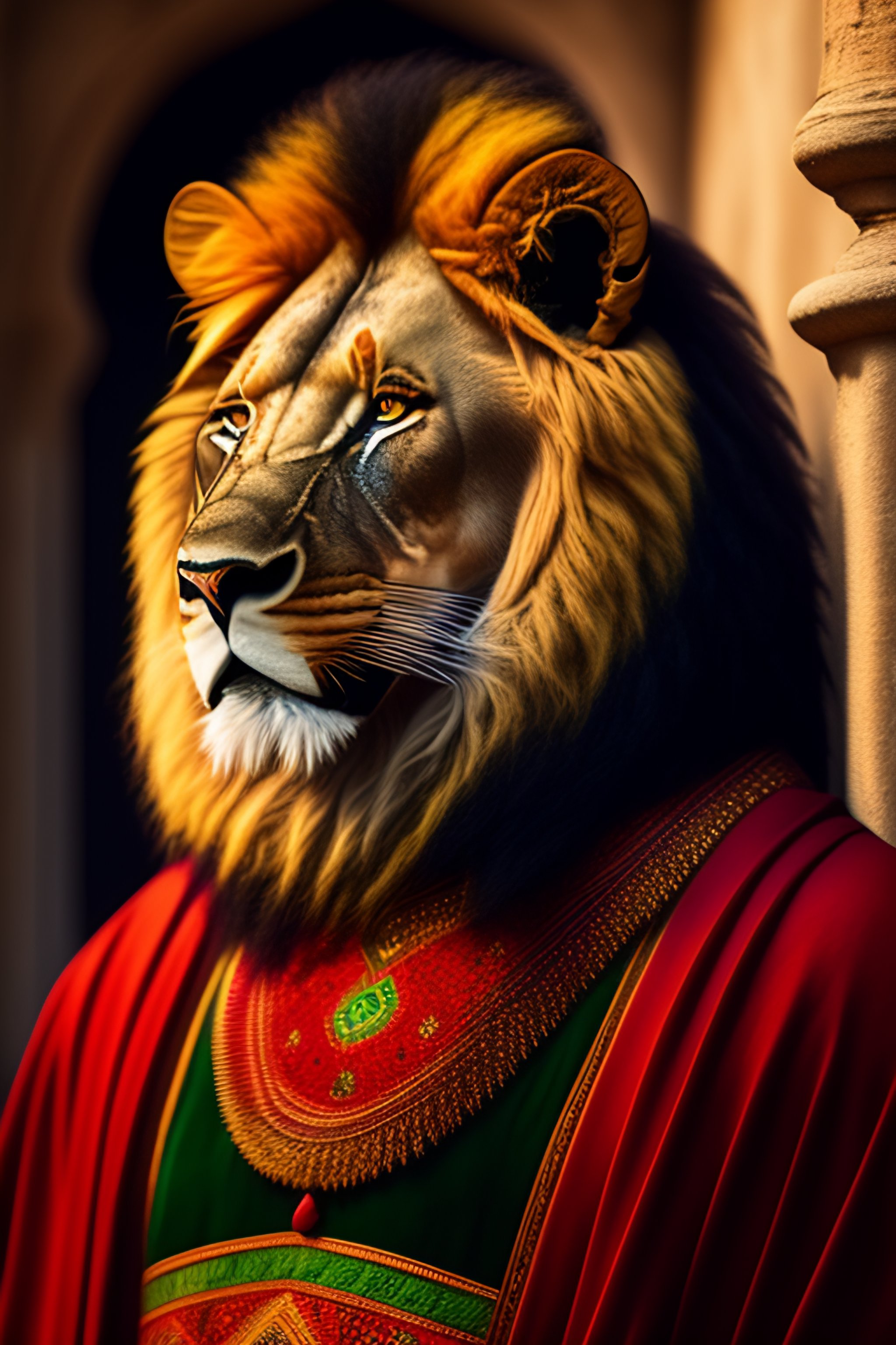 Lexica - Lion face on man body, wear traditional moroccan clothes in ...