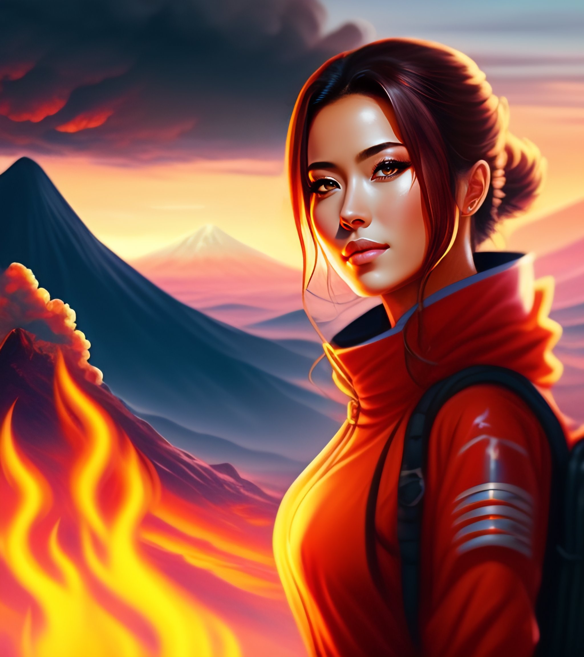 Lexica - Anime, close up portrait woman with fire magic, volcanic landscape