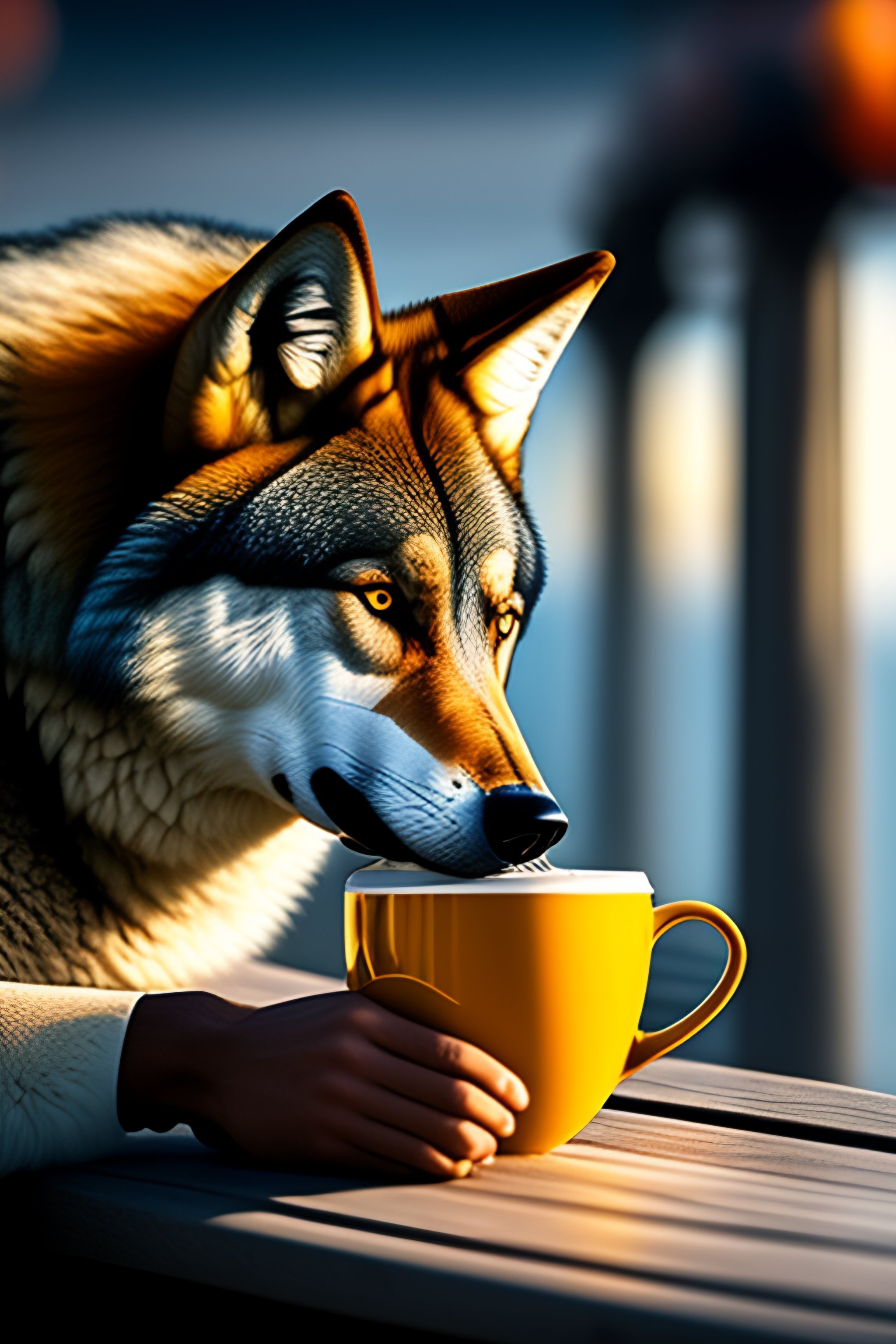 Lexica - Wolf drinking coffee and looking at big ships, there are ...