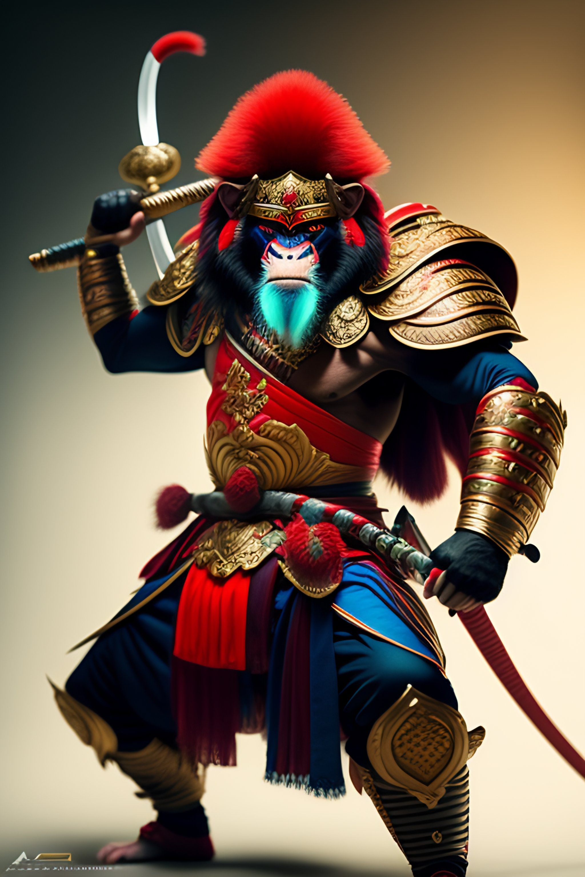 Lexica - Award-winning photo of a Mandrill samurai, red eyes, holding ...