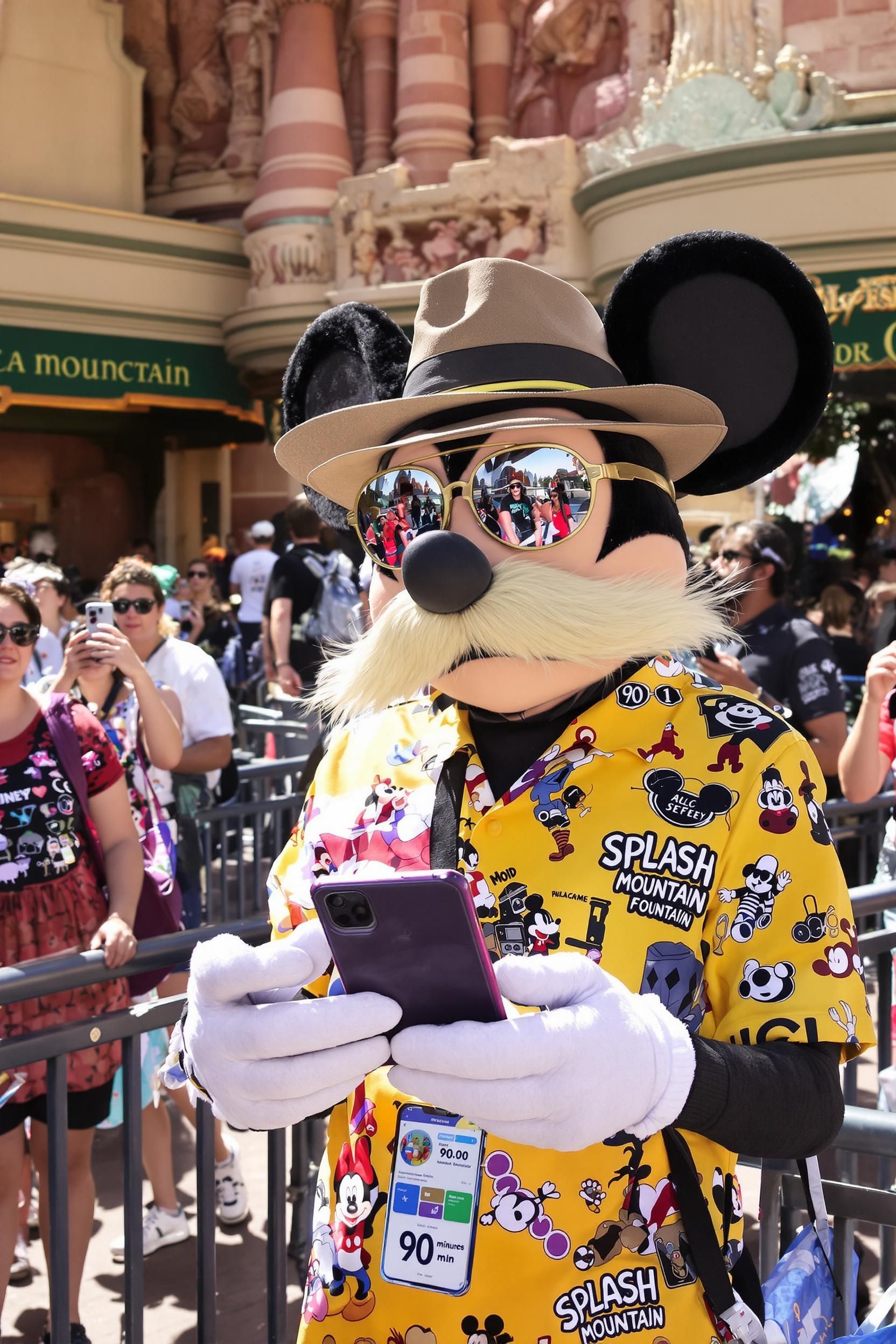 Lexica - Mickey Mouse waiting in line at Disney World, wearing ...