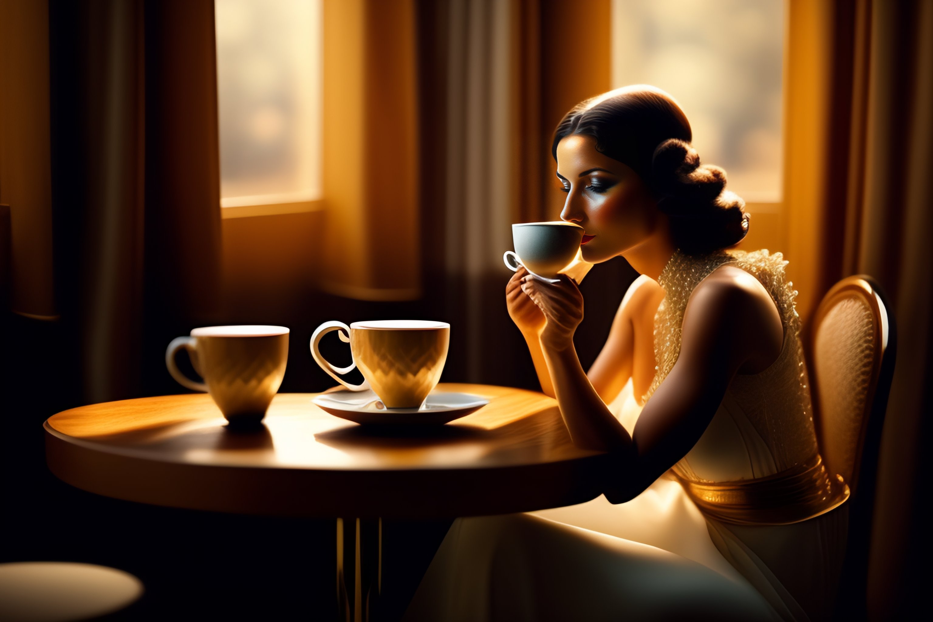 Lexica - Woman drinking coffee. Art Deco