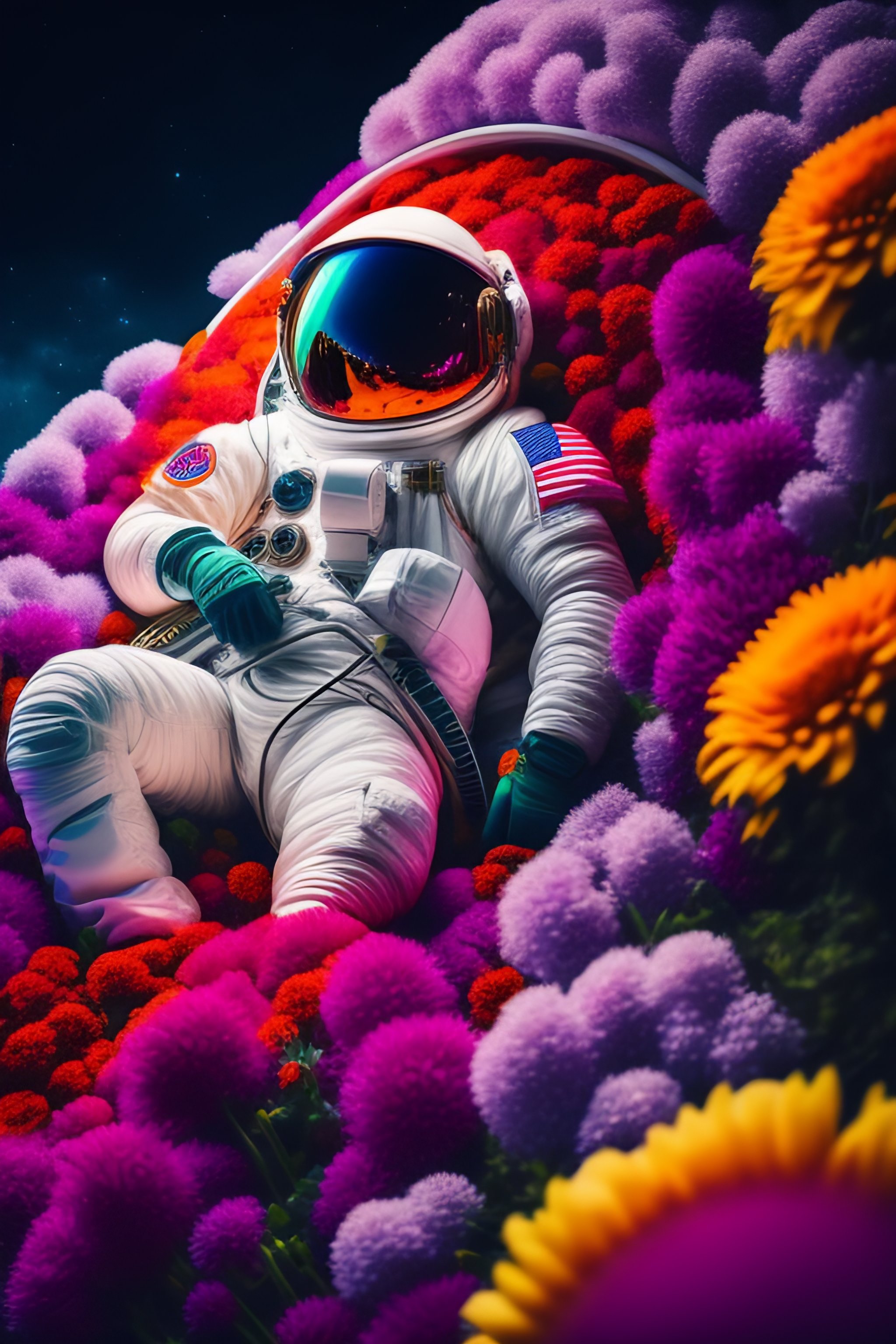 Lexica - An astronaut laying down in a bed of millions of vibrant ...