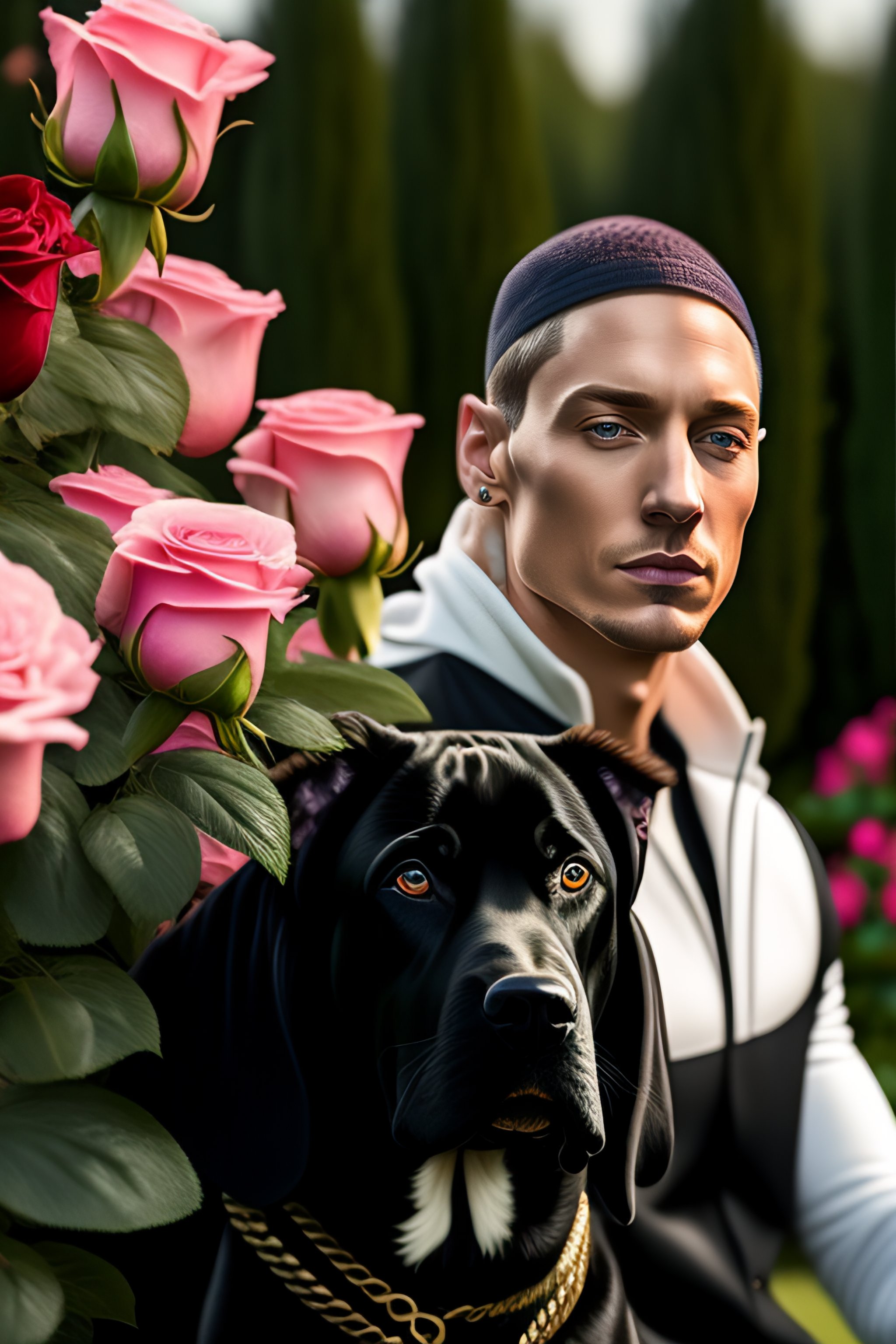 Lexica - Highly realistic photo of Eminem, holding a black Great Dane ...