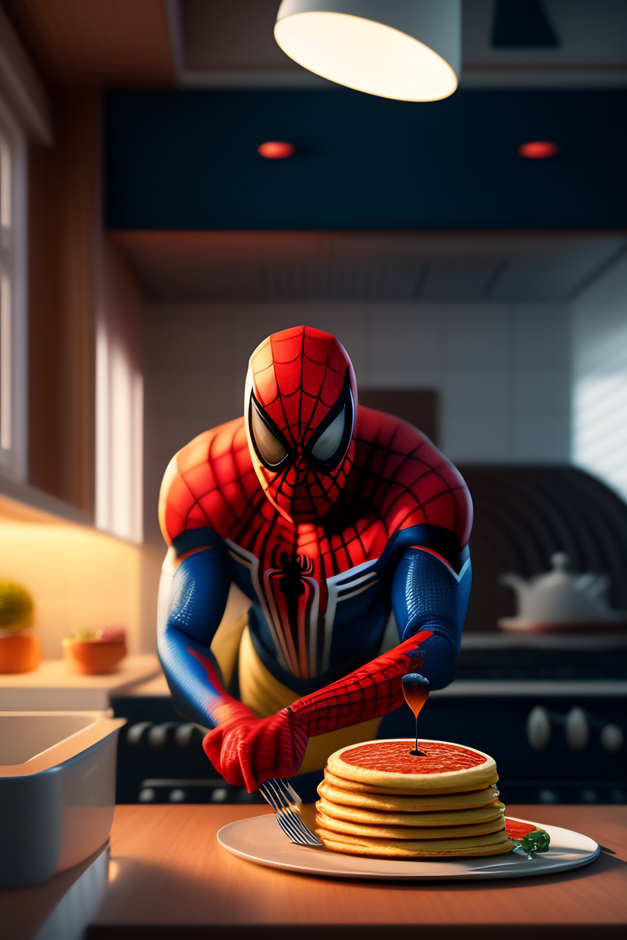 Lexica - Spiderman making a pancake in the kitchen , simon stalenhag,8k ...