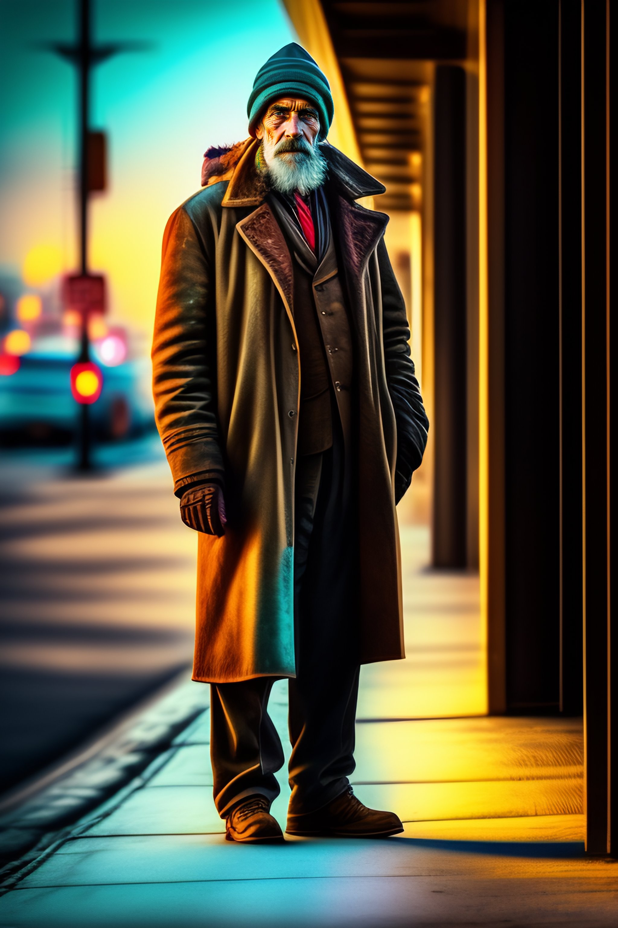 Lexica - Picture of a homeless man, deco style faded colors, bright ...