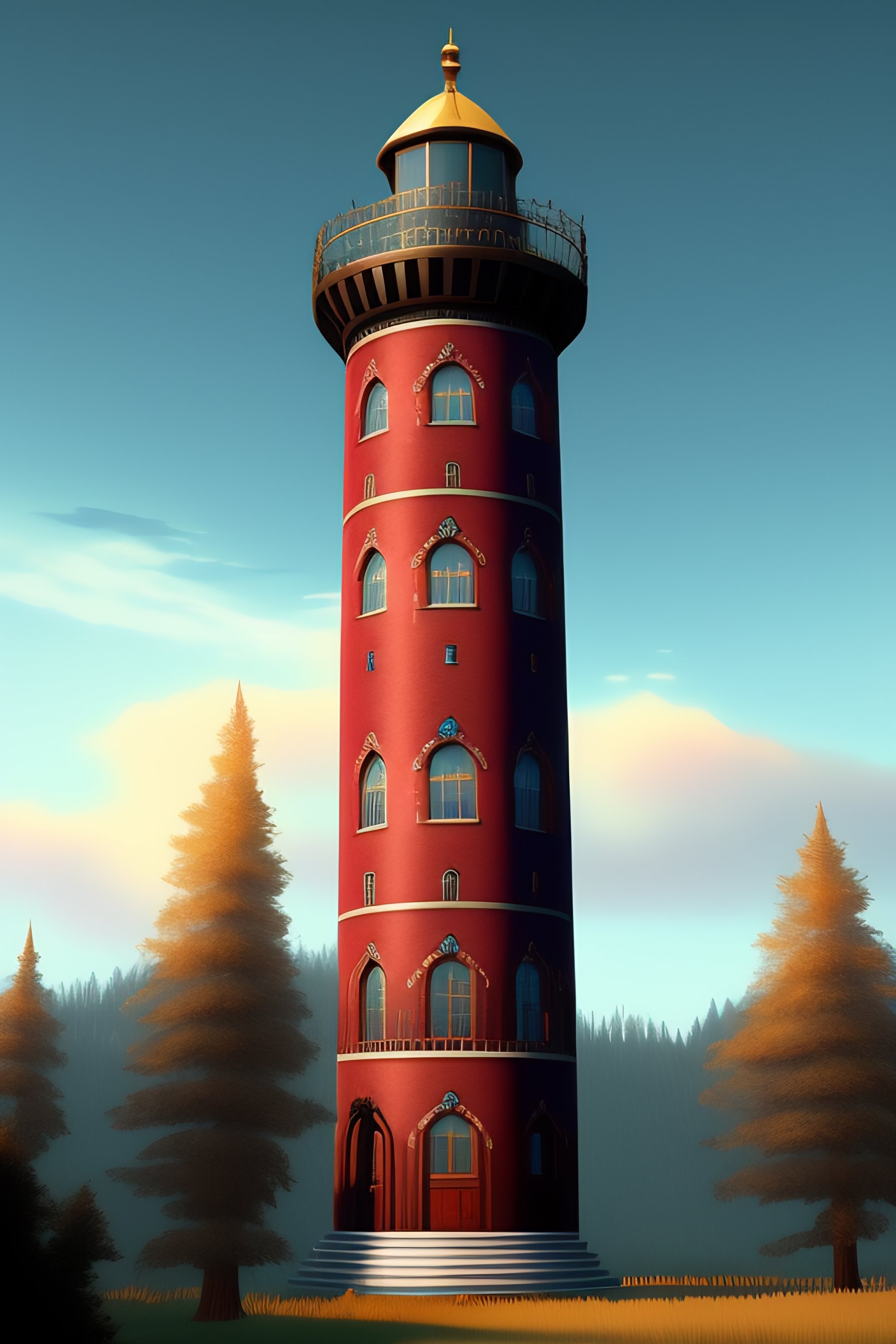 Lexica - Painting of a high cylindrical victorian tower, 🔥 🛖 🌲🏞️ 🌄 --ar ...