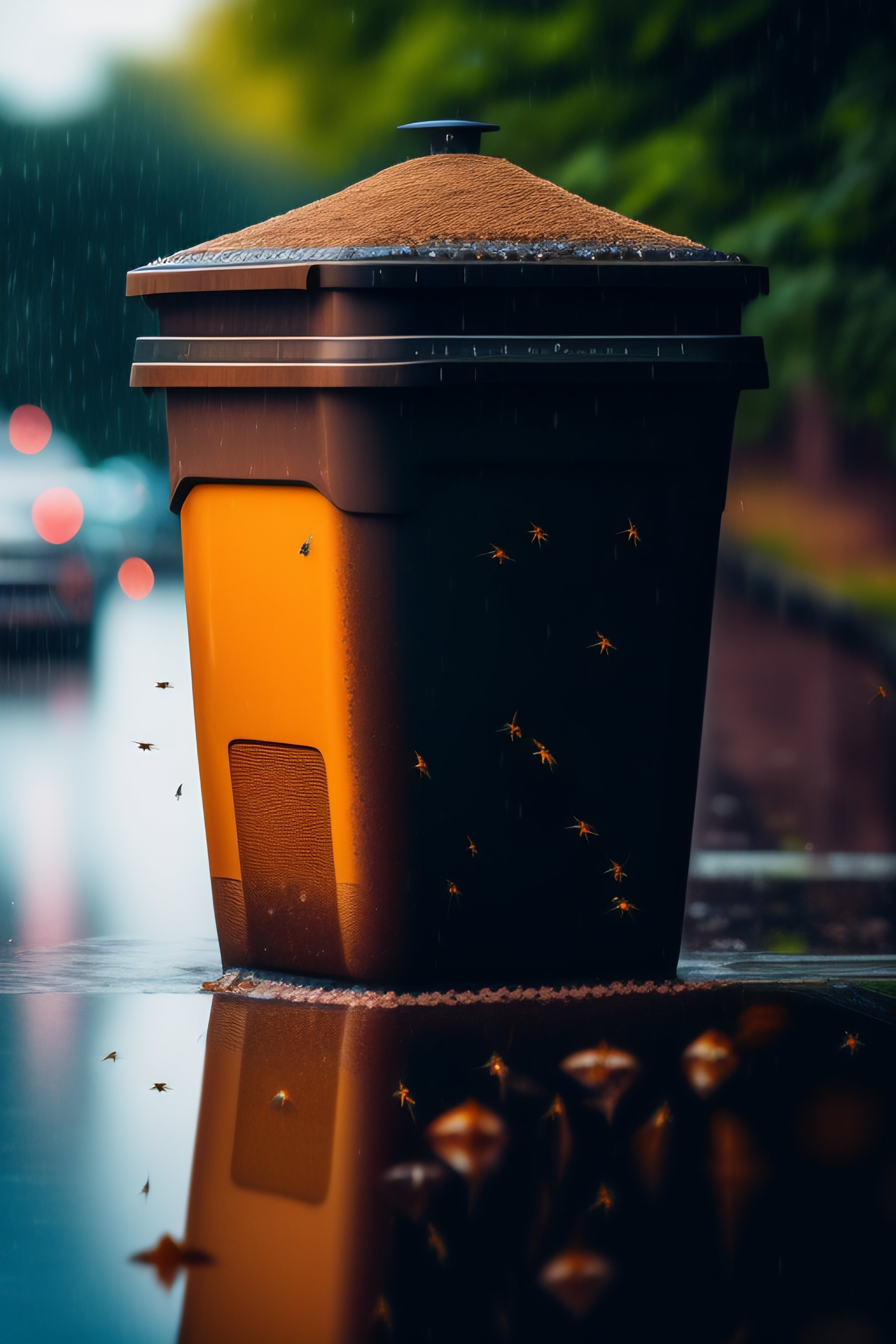 Lexica - A photograph of an overflowing garbage can with flies on a ...