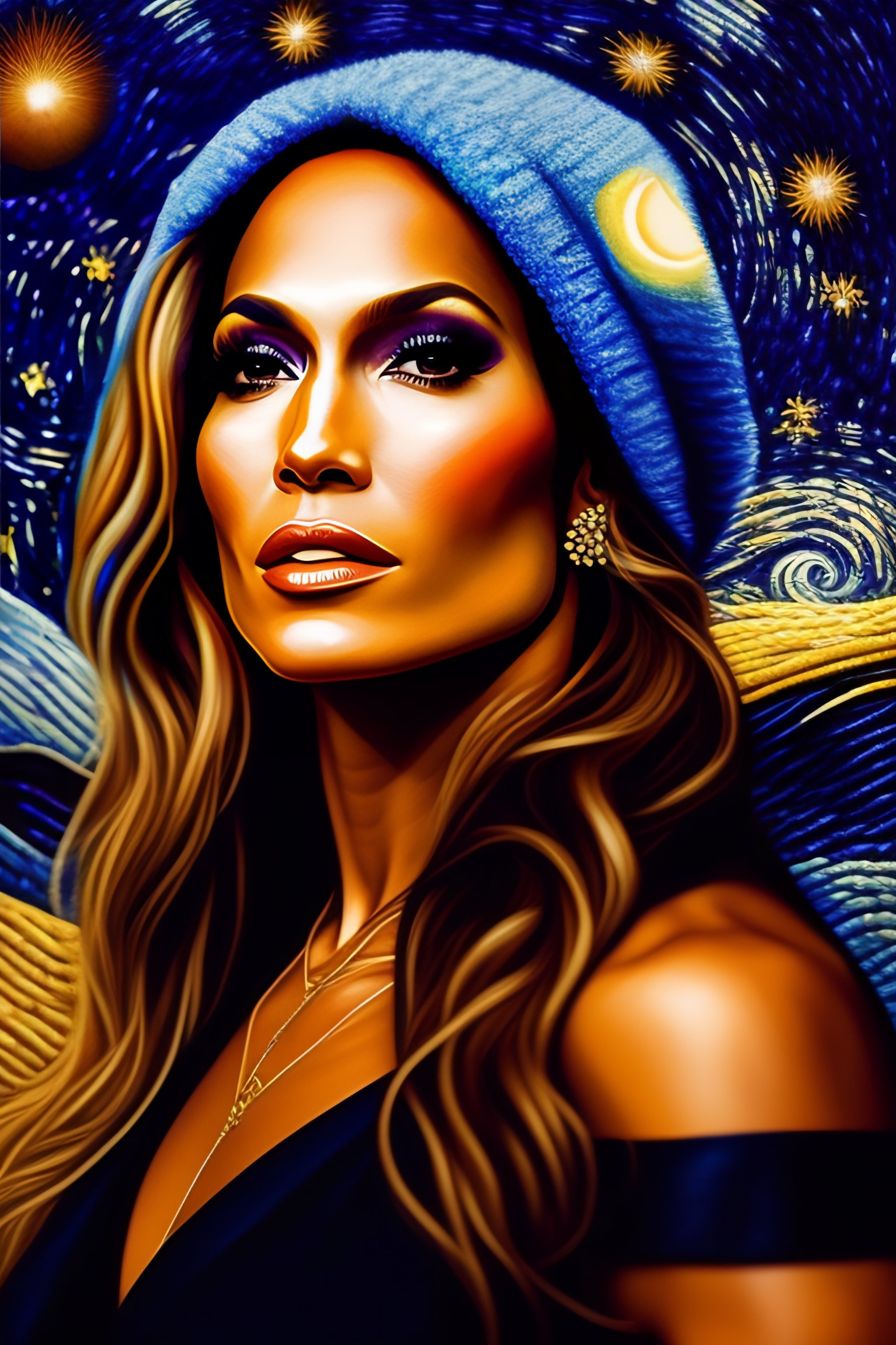 Lexica - Portrait of Jennifer Lopez in the style of Starry night