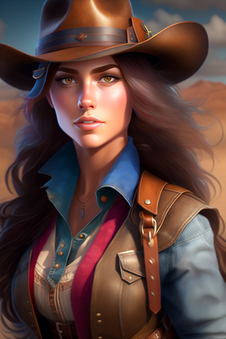 Lexica - Portrait of a wild west female, ((black vest, white top, blue ...