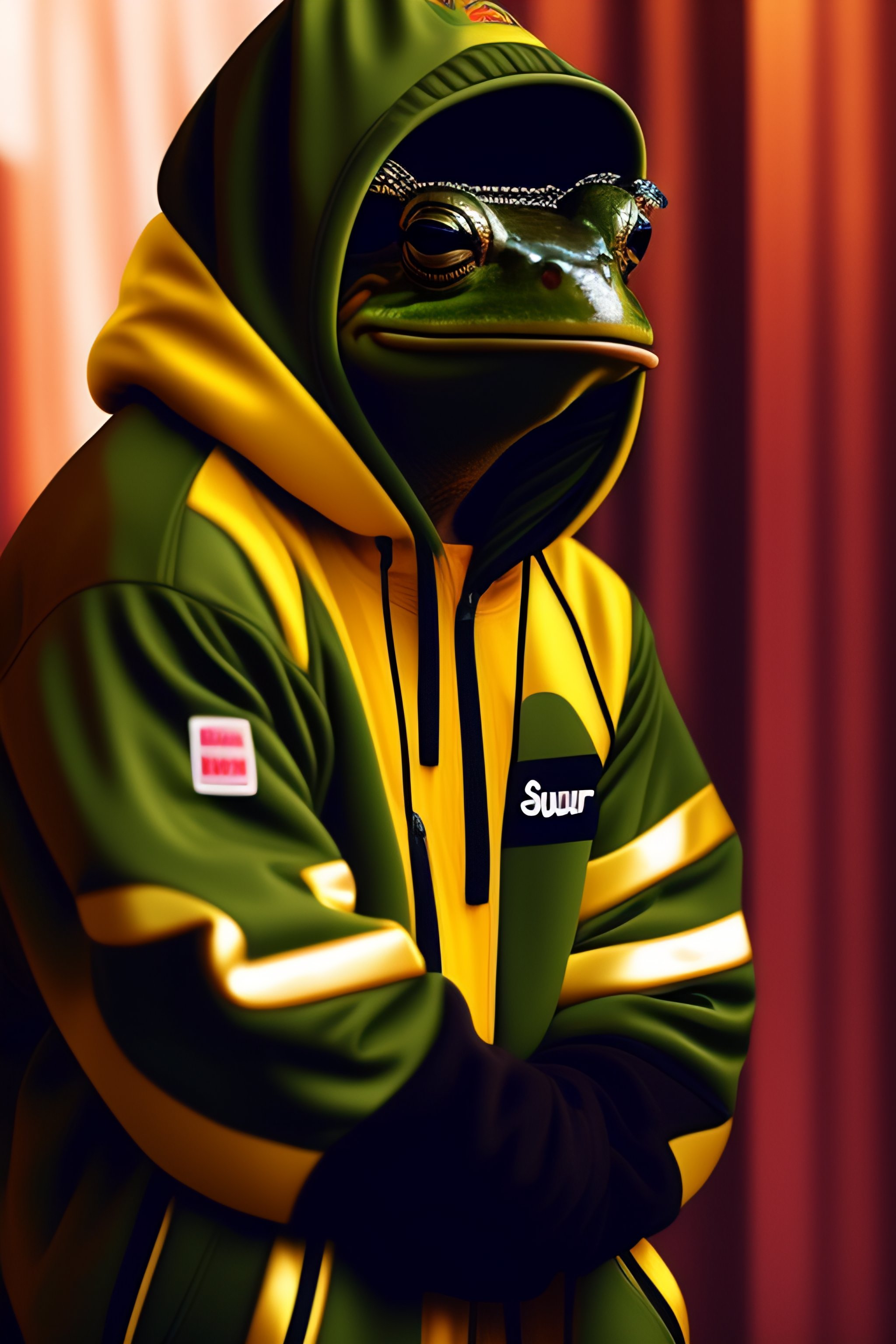 Lexica - Frog pepe, dressing a supreme tracksuit and gold chain