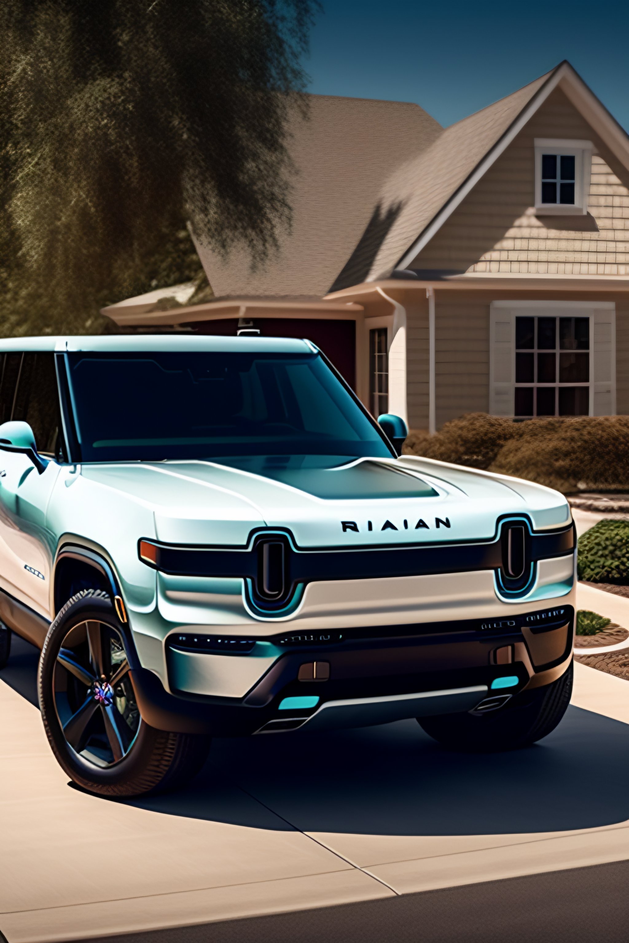 Lexica - Rivian SUV plugged in to a driveway charger in a traditional ...