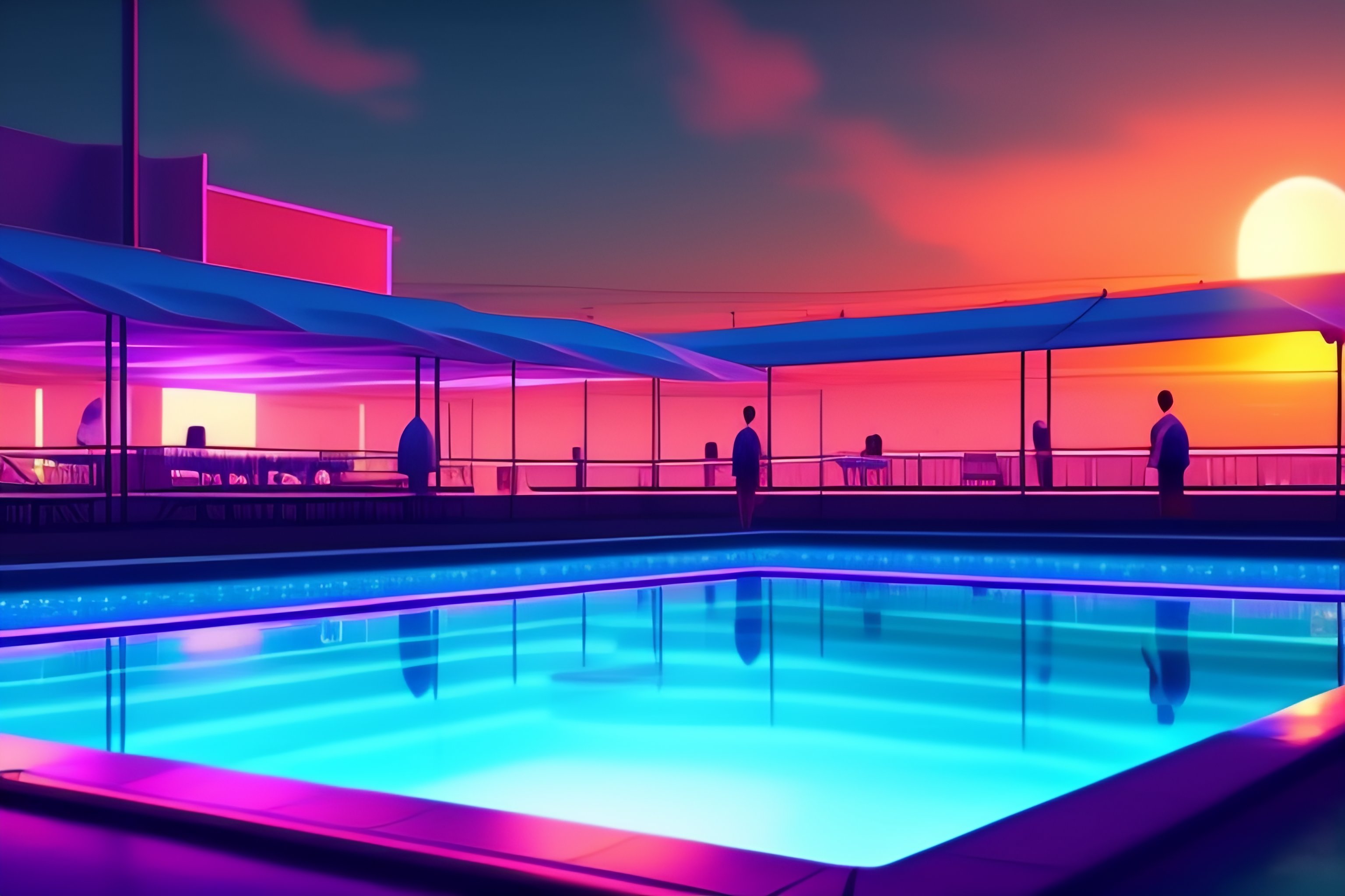 Lexica - Pool party late at night with funky music people dancing in ...