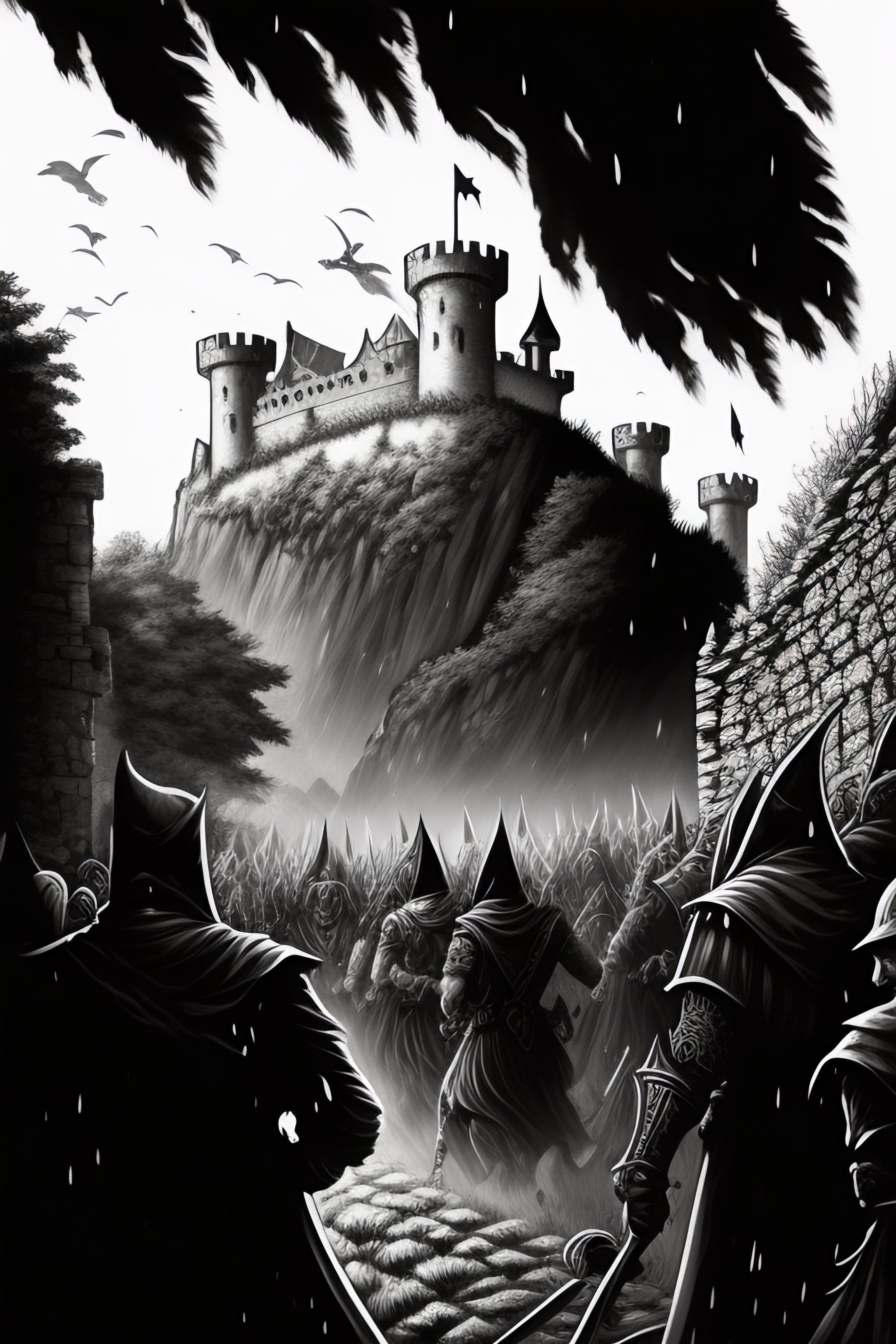 Lexica - Horde of zombies attacking a castle wall, black and white ...