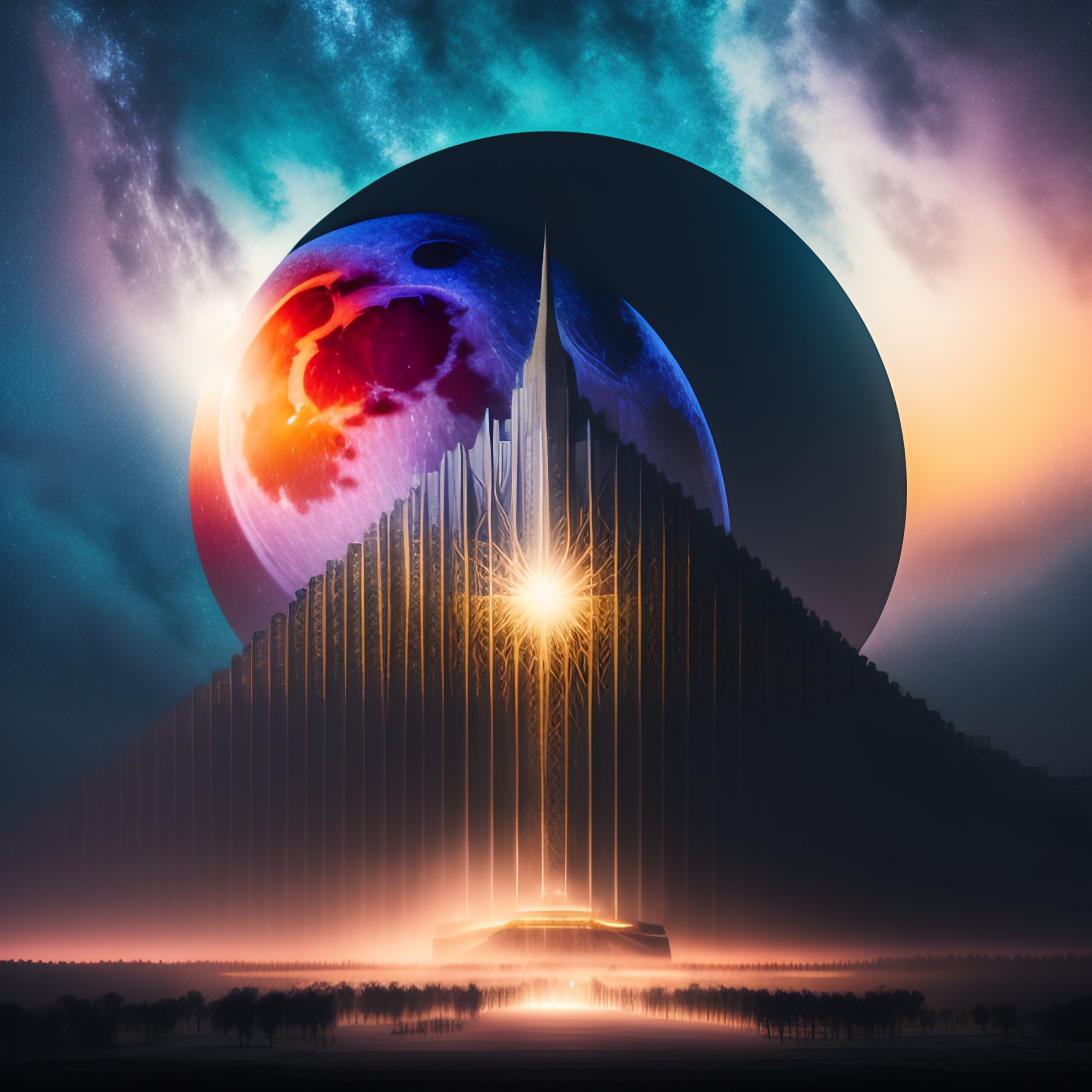 Lexica - A crystal cathedral, one night fogged, with a large blood moon ...