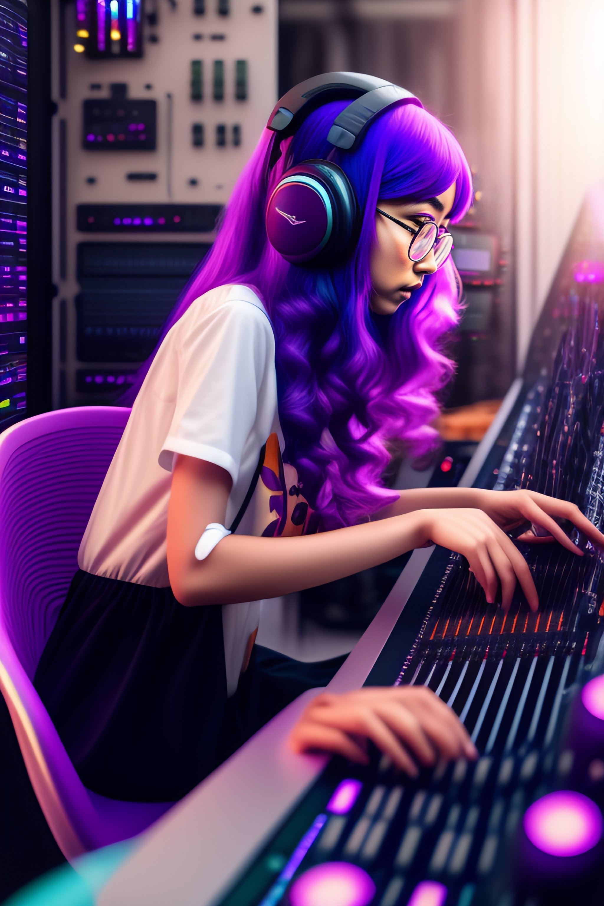 Lexica - Anime girl with purple hair, programming a modular synthesizer ...