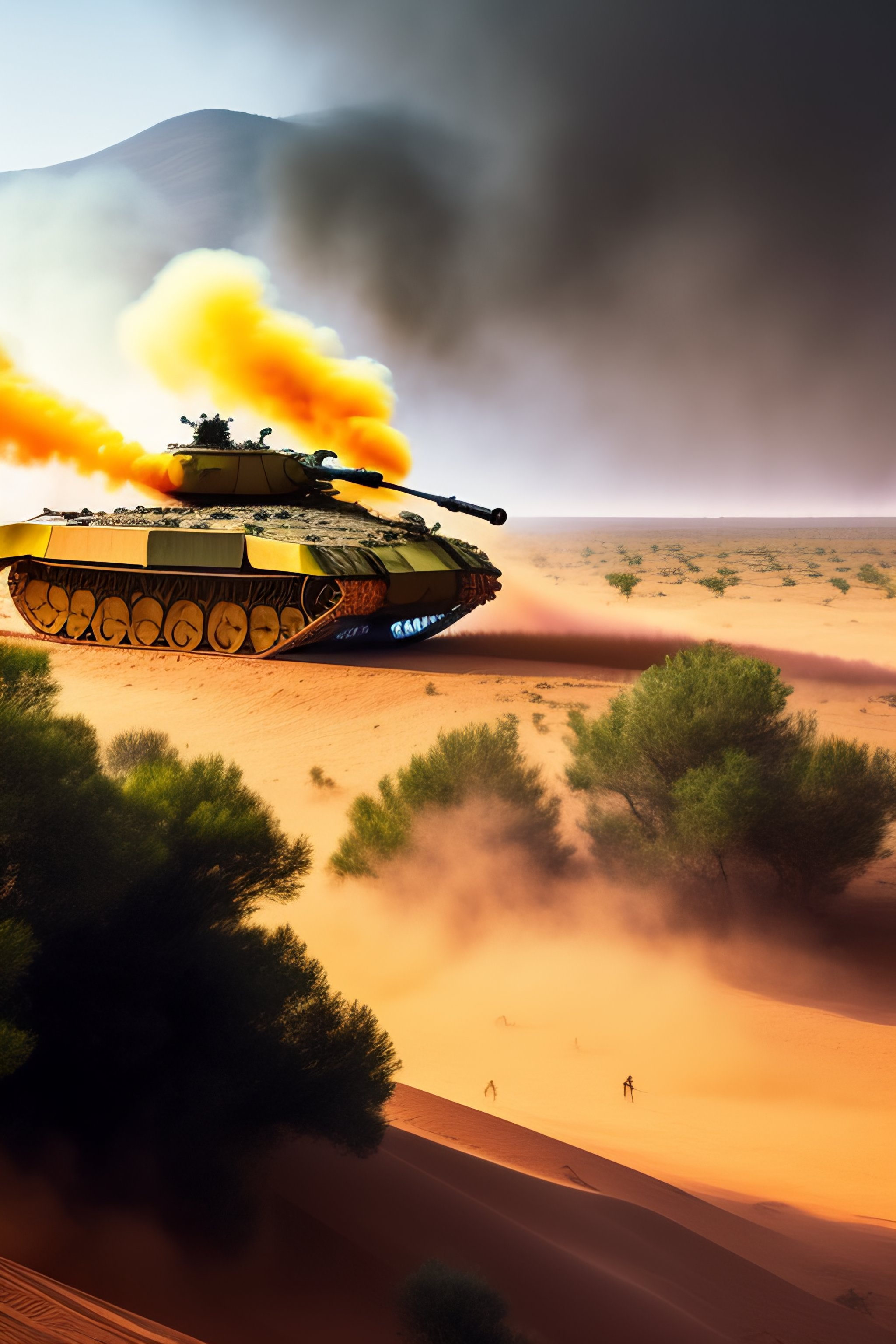 Lexica - On a battlefield, a tank rumbles forward, its soldiers visible ...