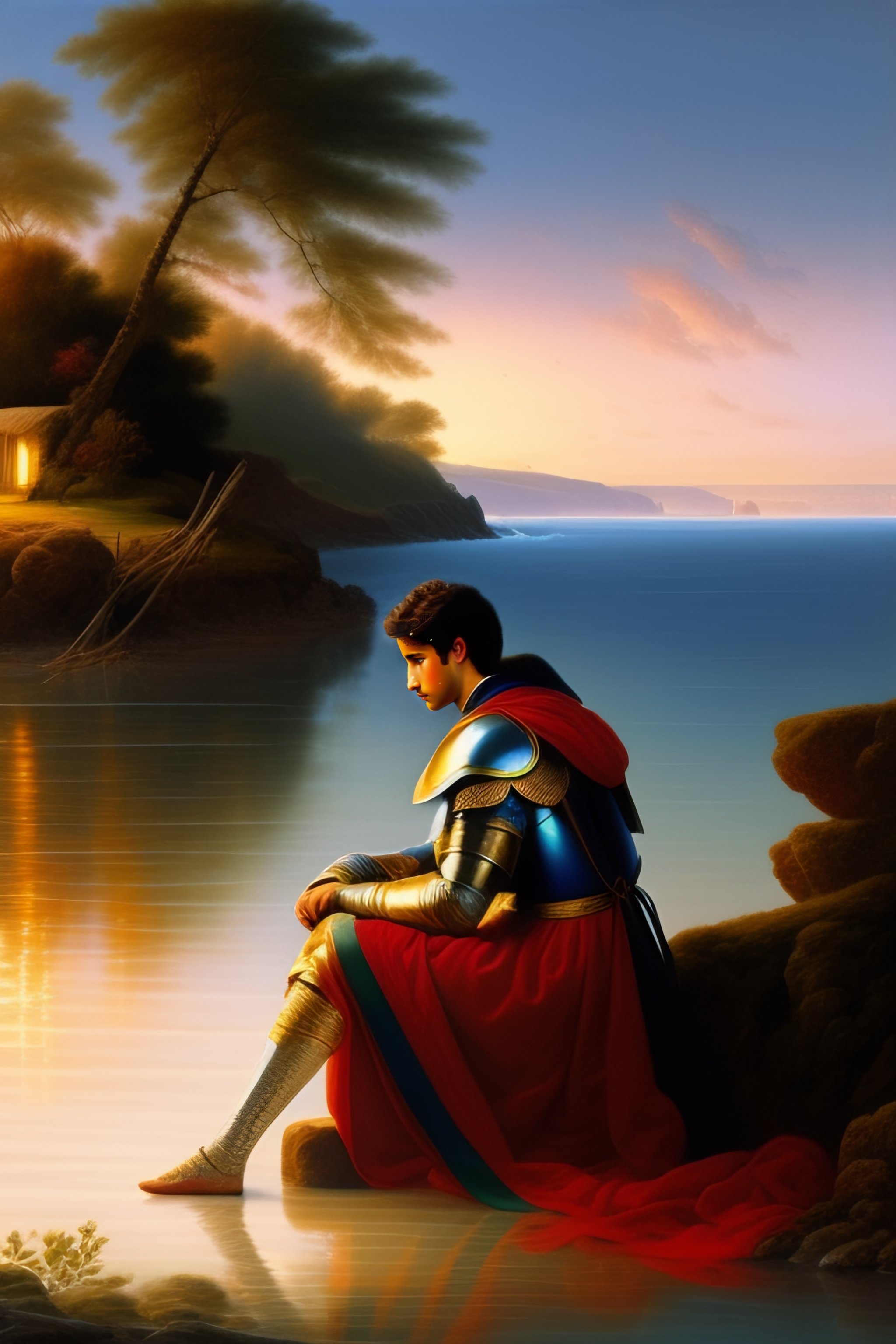 Lexica - Painting of a young knight sitting at the sea watching the sunrise