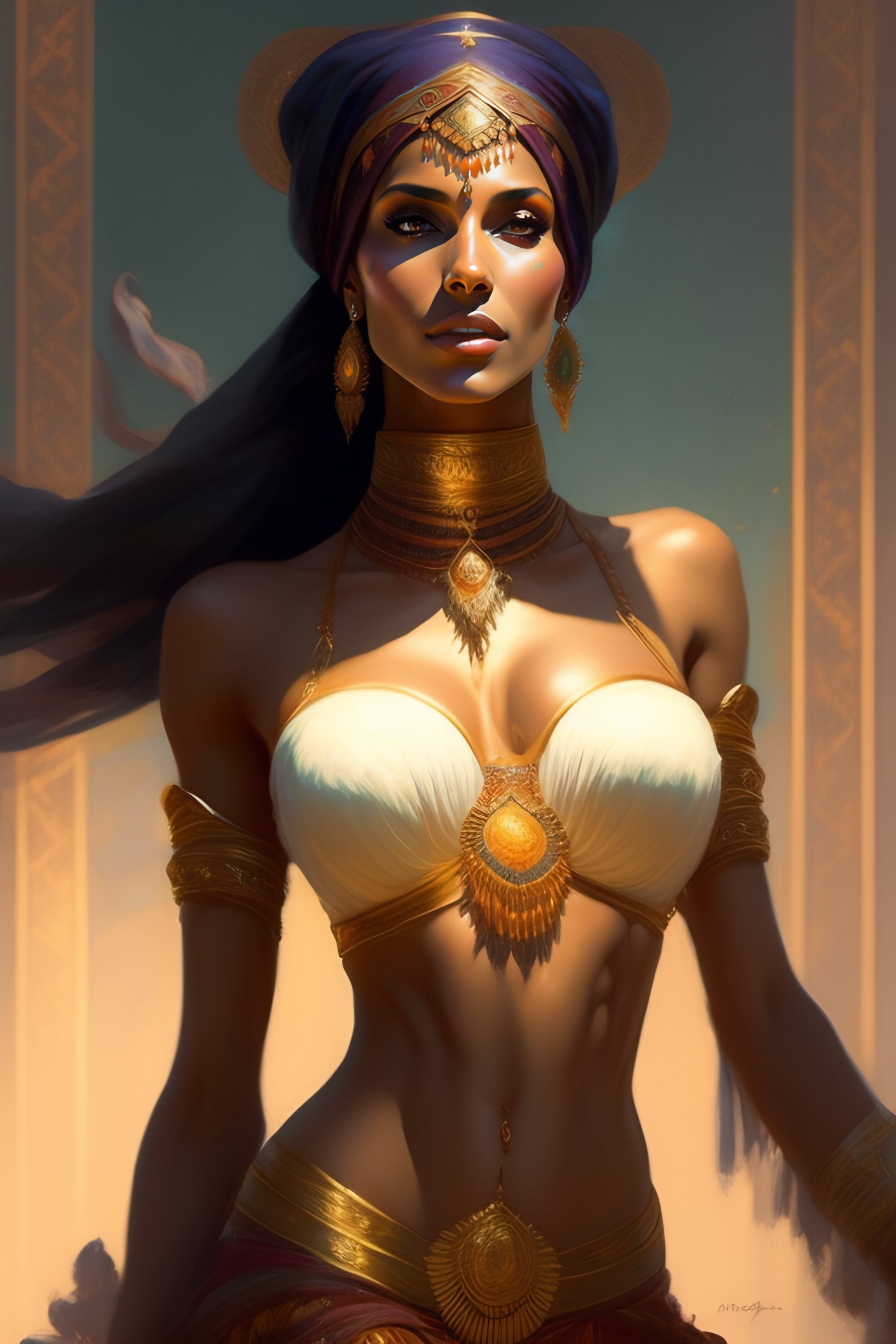 Lexica - Skinny muscular hijabi woman doing belly dance art by greg rutkowski and alphonse mucha