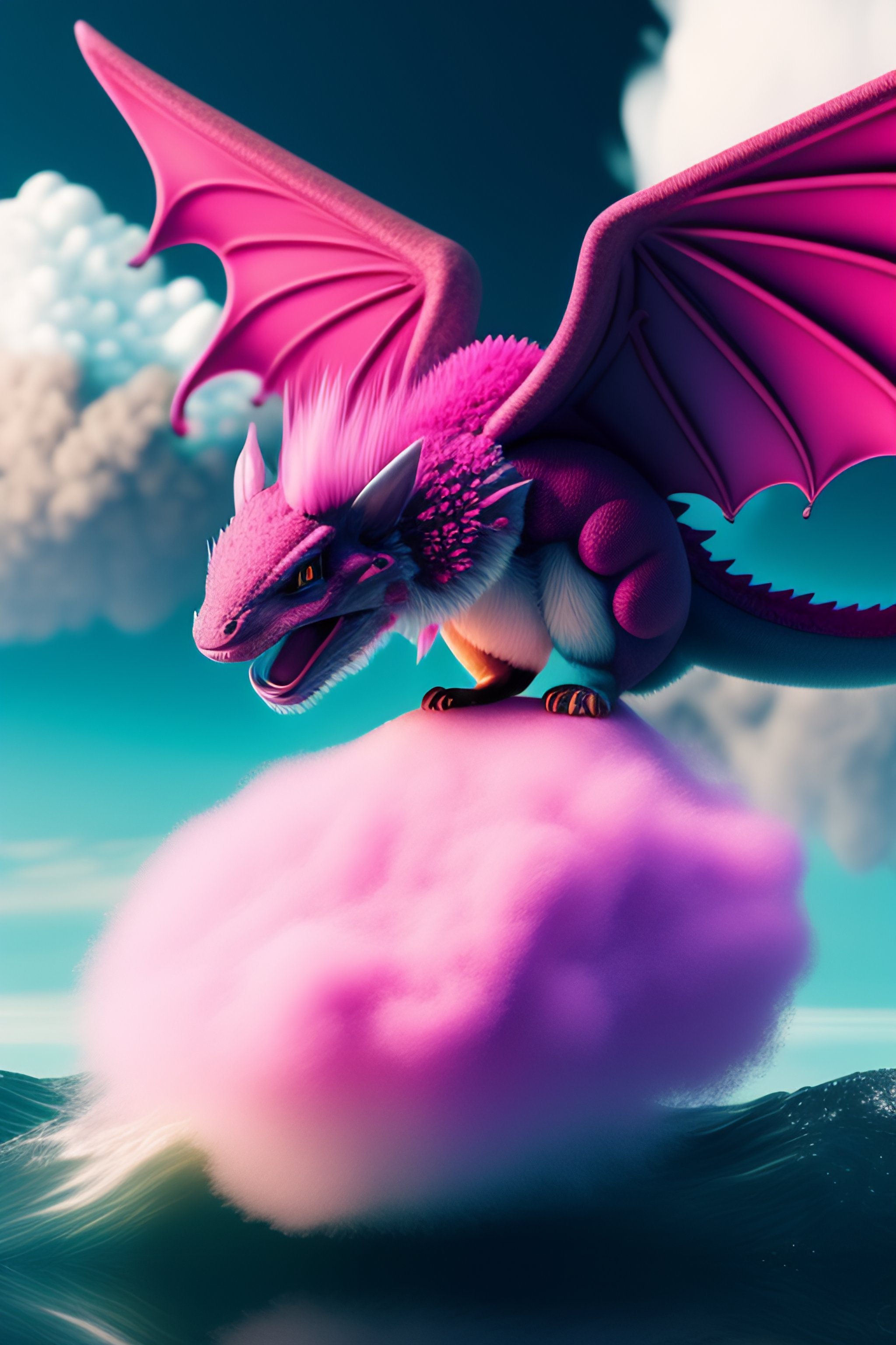 Lexica - Fluffy pink water dragon flying over a volcano
