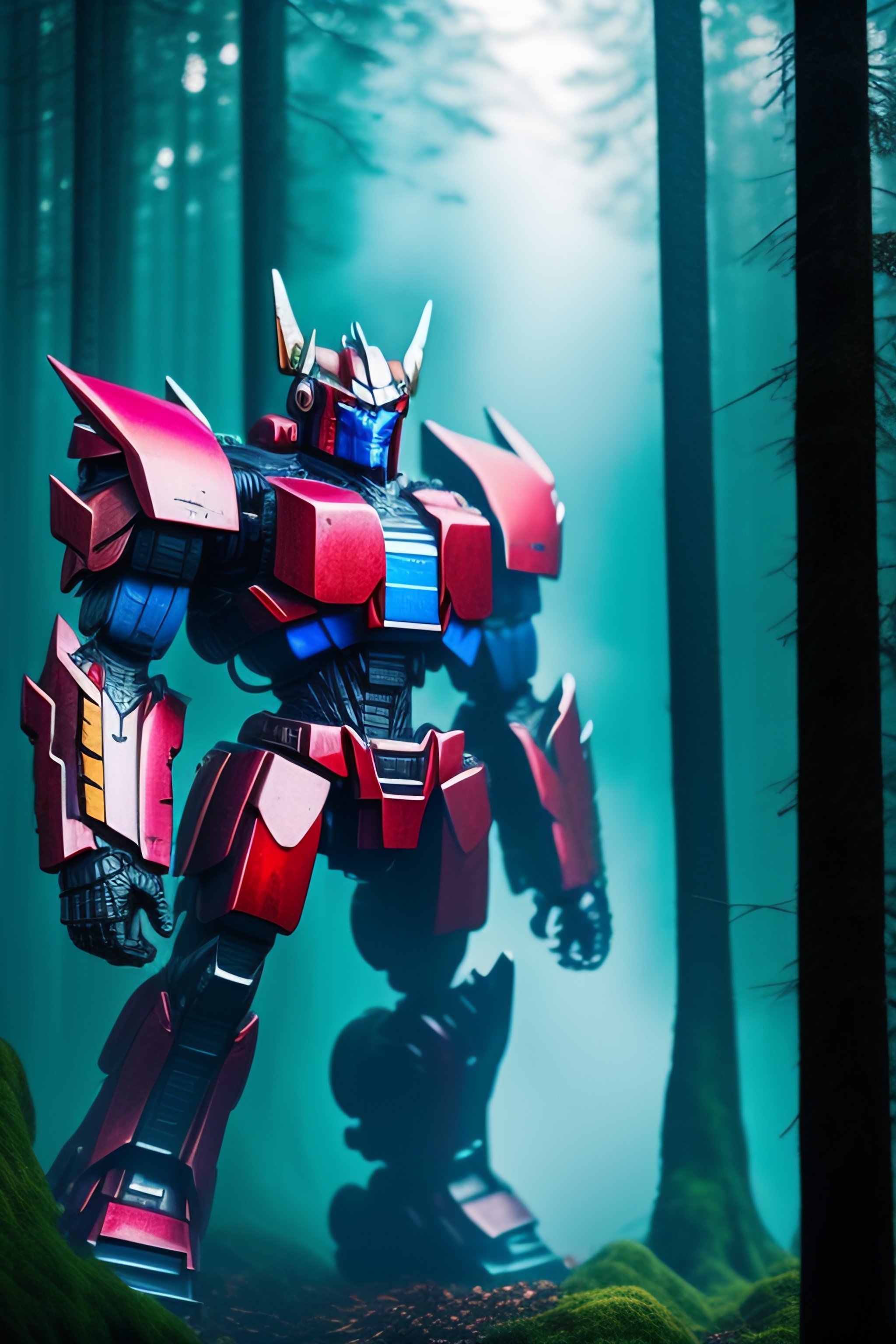 Lexica - Optimus prime in action pose in the forest with mist, cold colors