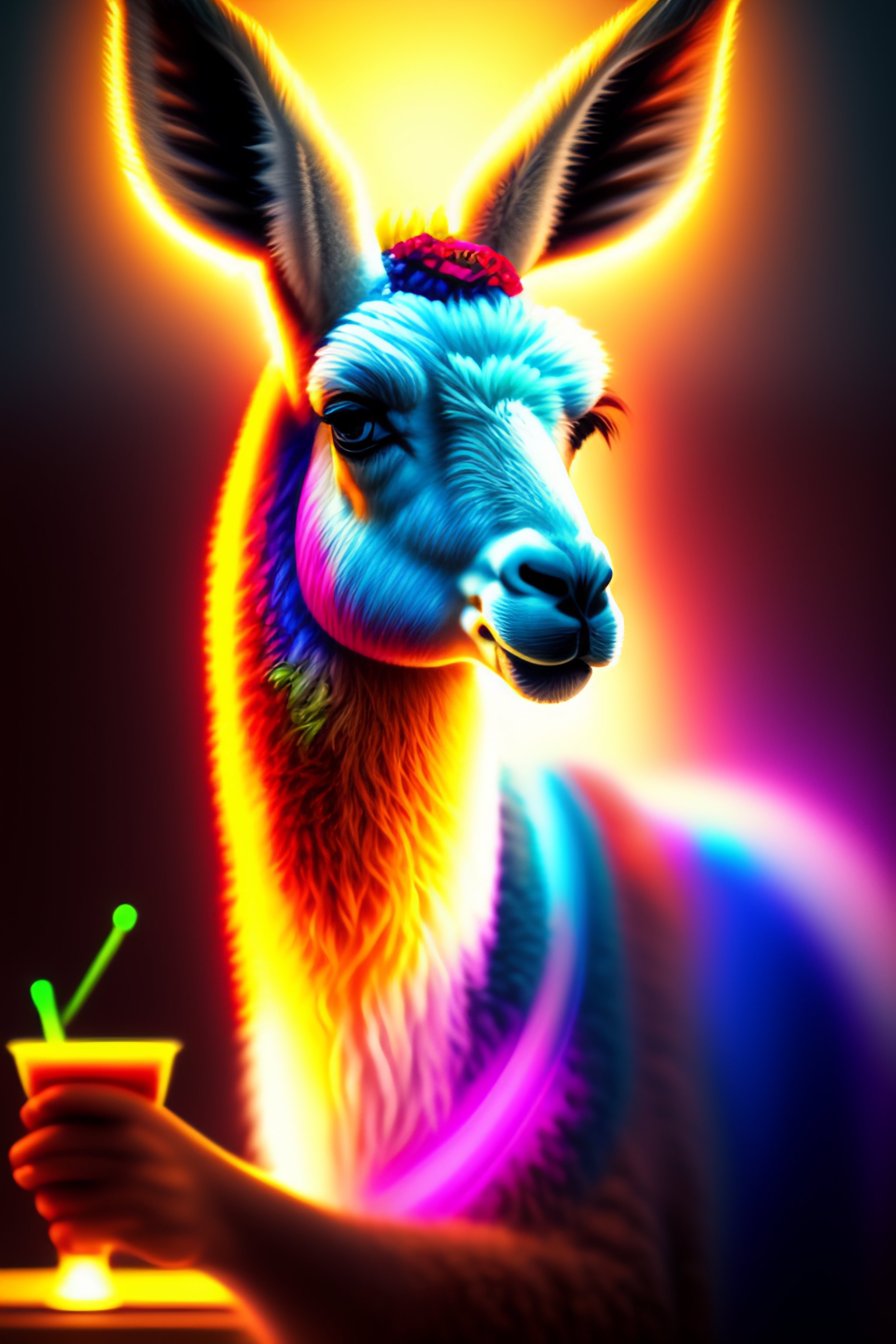 Lexica - Lady, llama playing video games in a room with neon, gaming pc ...