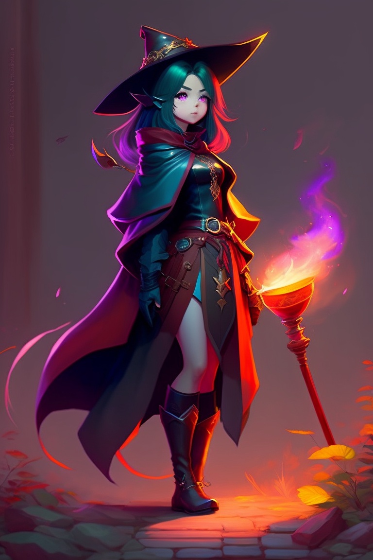 Lexica - Full body of a cute witch with cape and staff pack, d&d ...