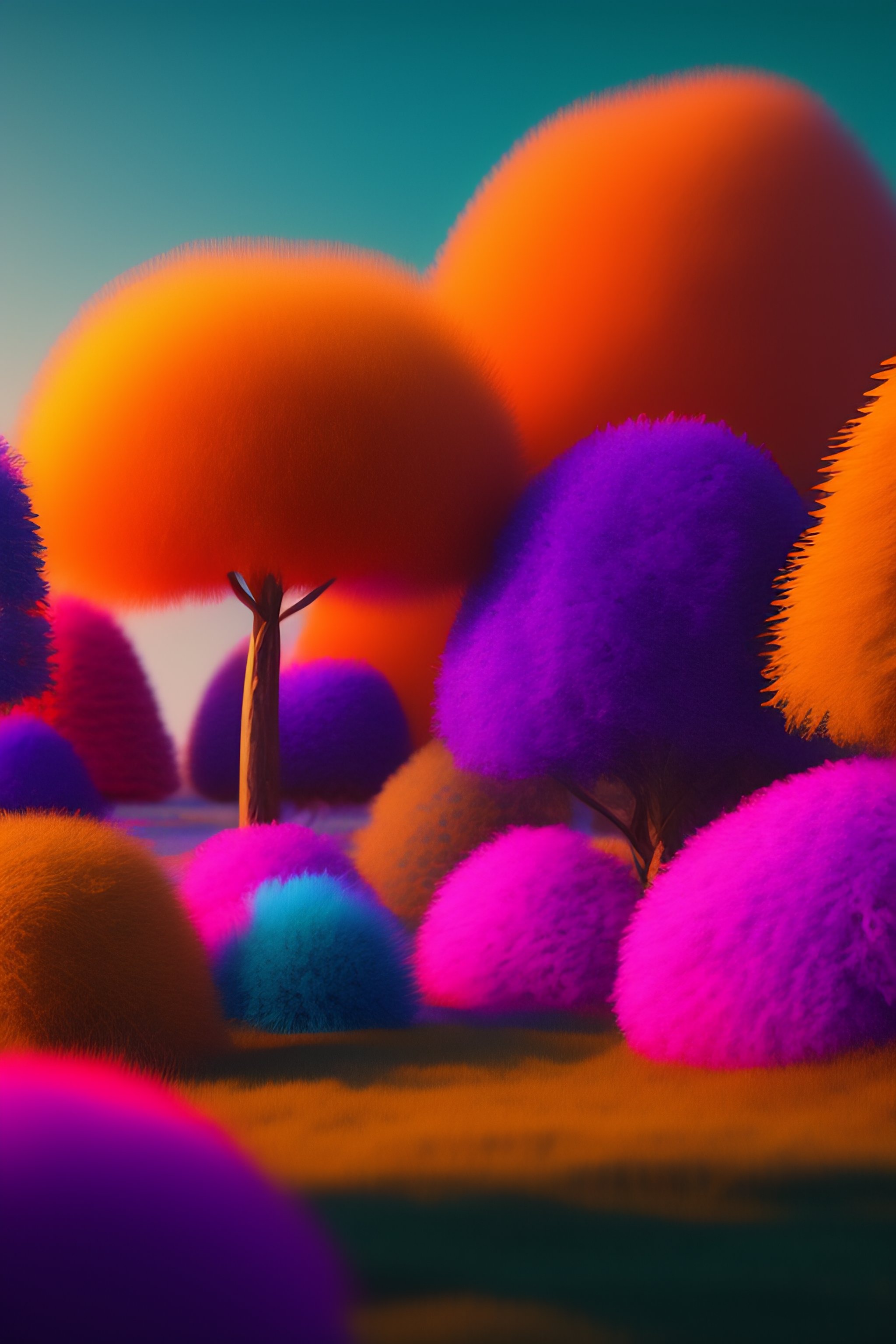 Lexica - Colorful fluffy trees made of fur in a field, Blender render ...