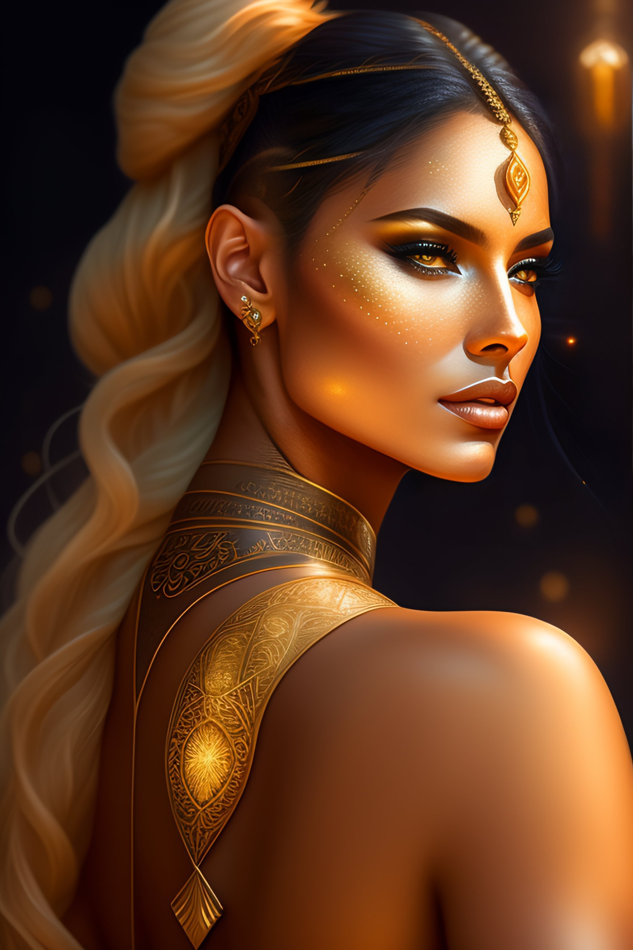 Lexica - A beautiful cinematic female sand goddess, glow golden tatto ...