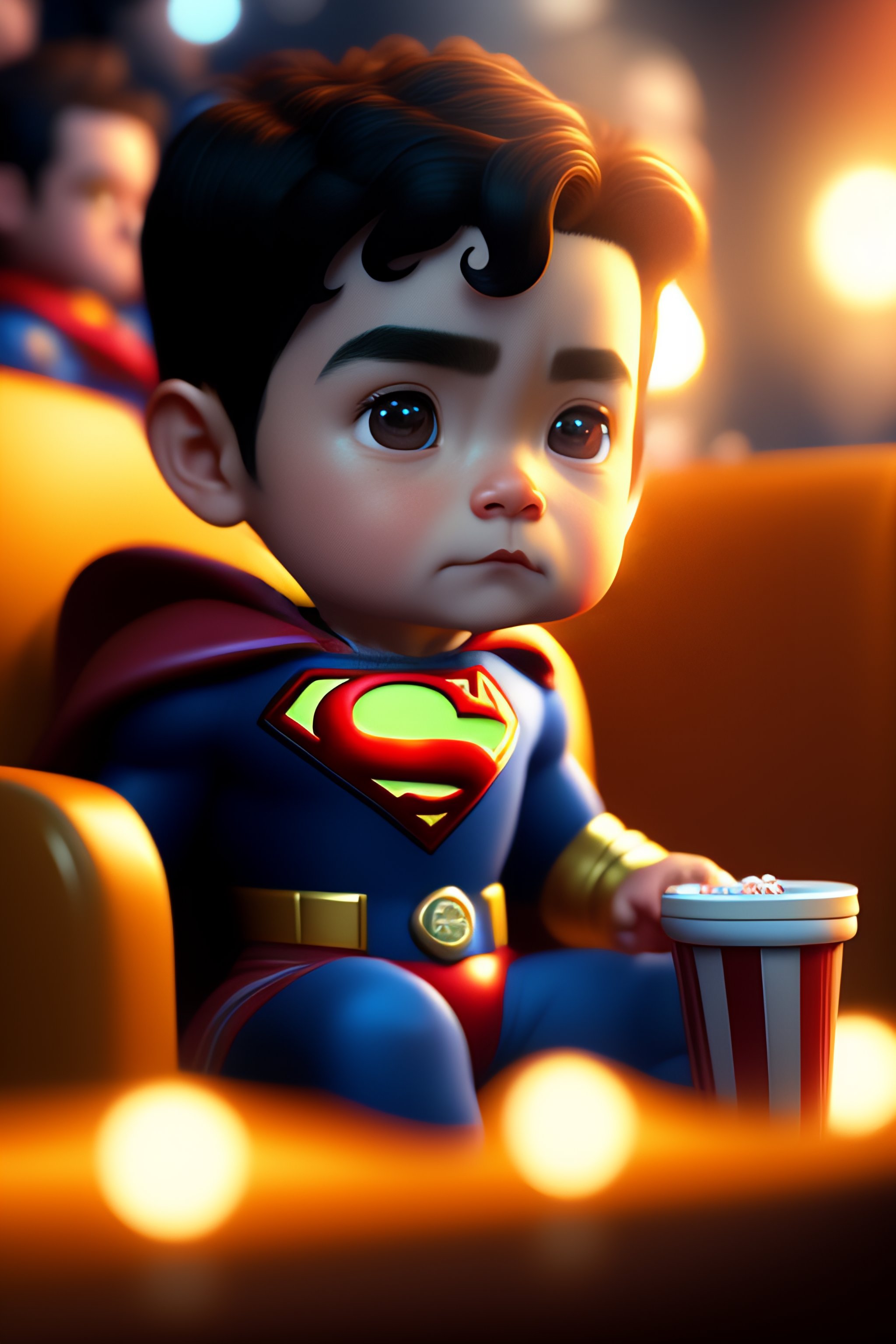 Lexica - Cute small humanoid superman sitting in a movie theater eating ...